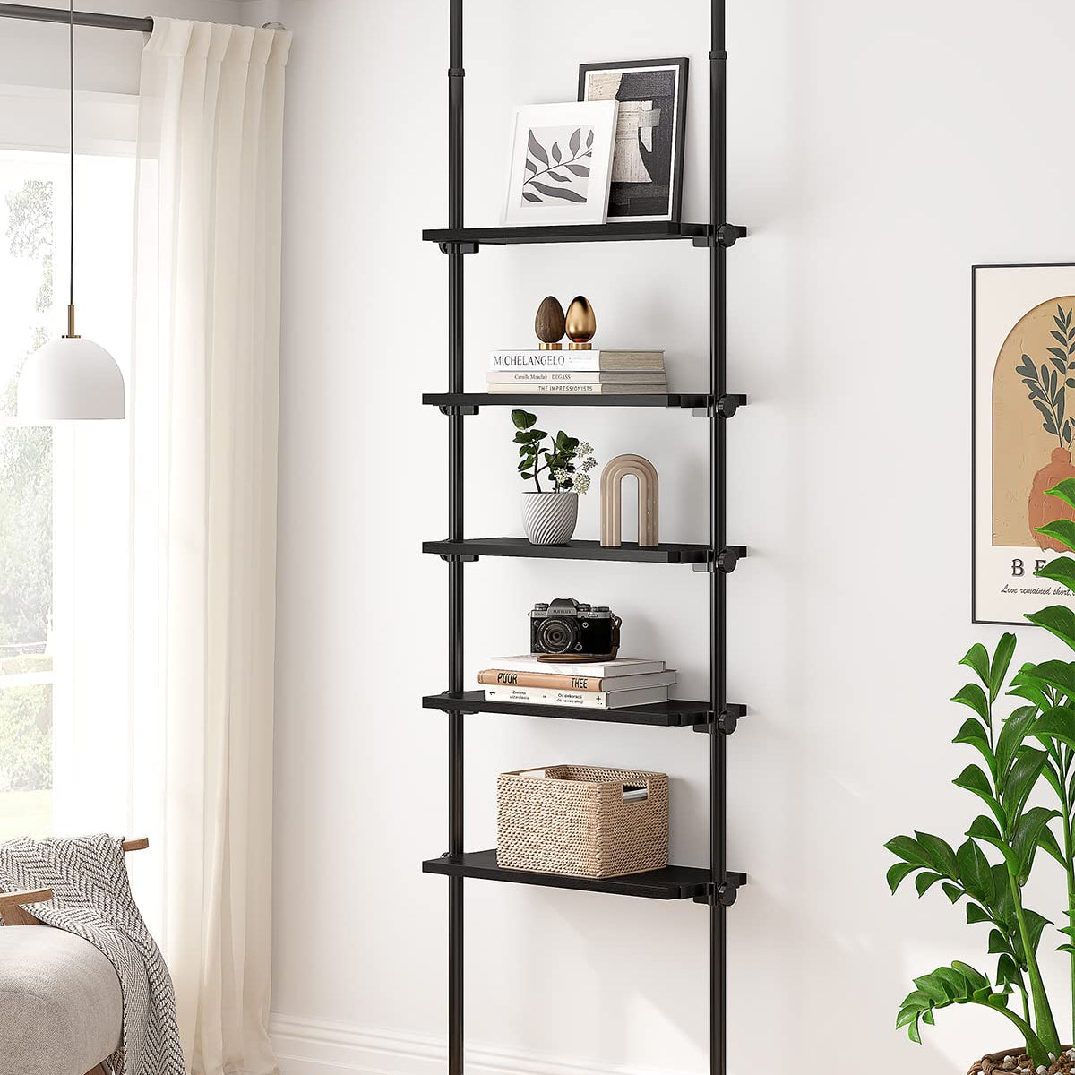 ALLZONE Adjustable 5-Tier Narrow Ladder Bookshelf with Tension Mount f ...