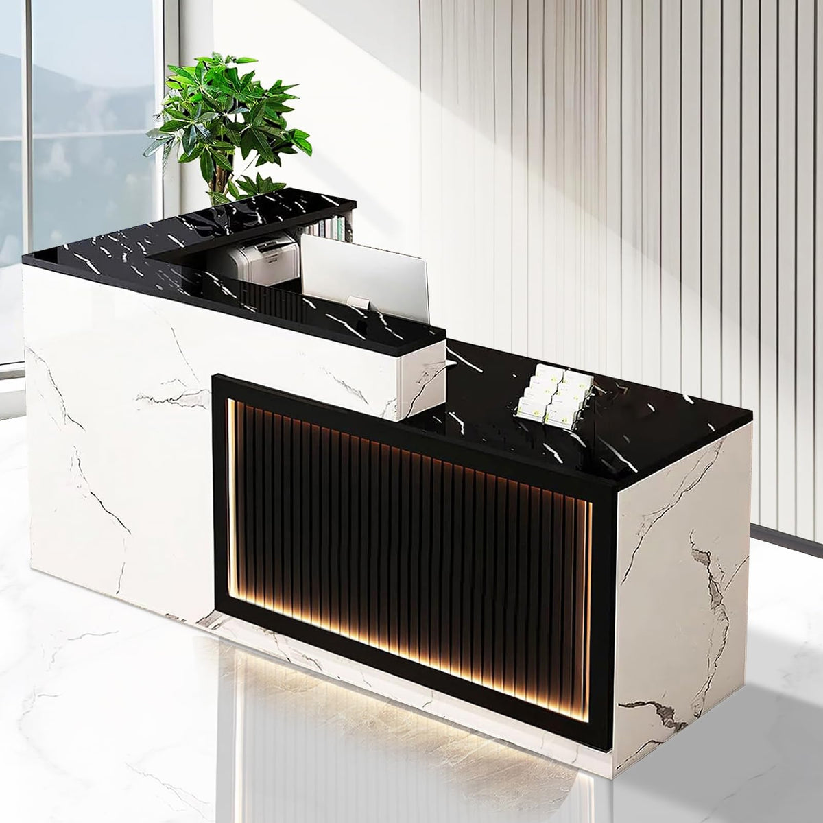 Modern Reception Desk with LED Lights L Shaped Office Front Desk Count ...