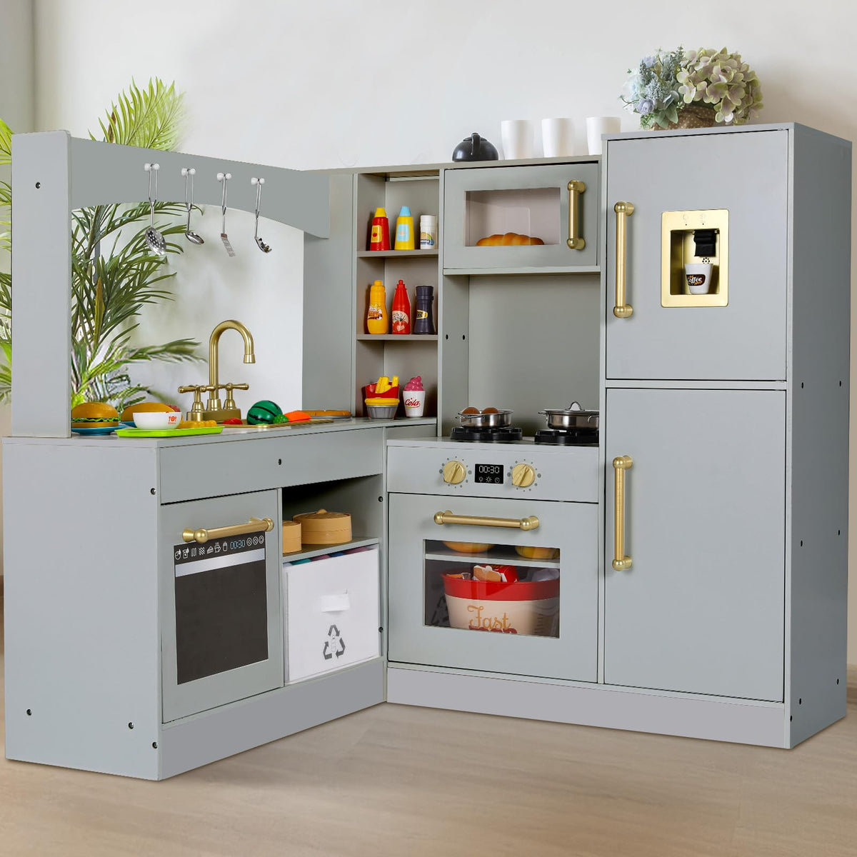 MAMIZO Corner Play Kitchen for Kids, Wooden Pretend Toy Kitchen, Large ...