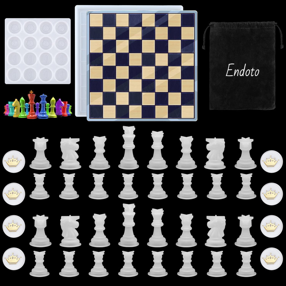 Endoto Chess Set with Checkers Board Silicone Resin Mold, 16 Pieces Fu ...
