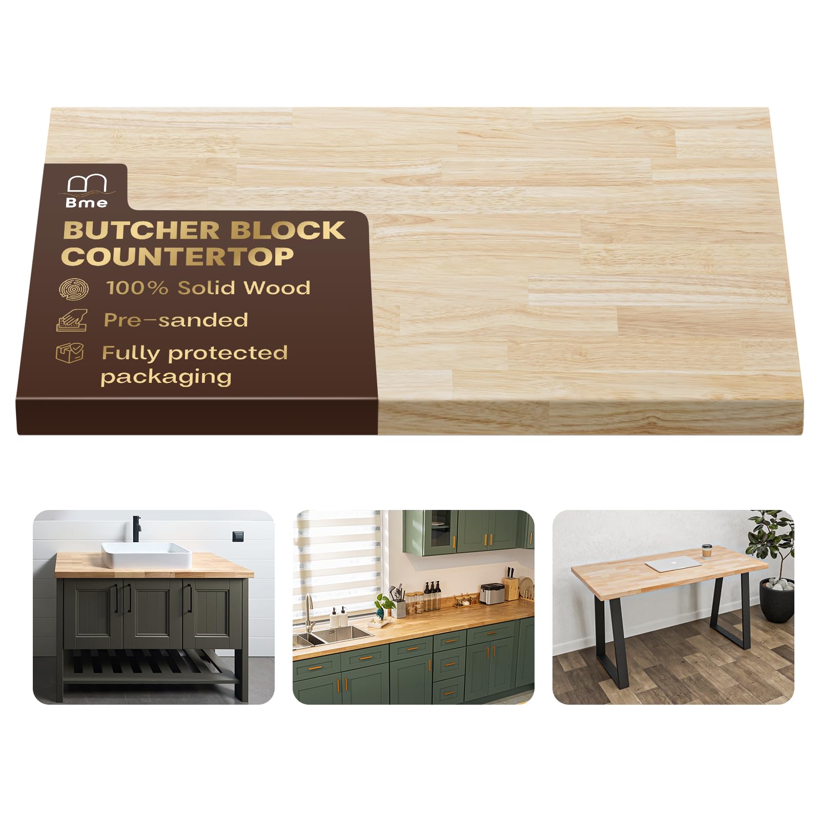 Bme Hevea Solid Wood Butcher Block Countertop, Unfinished Butcher Block ...