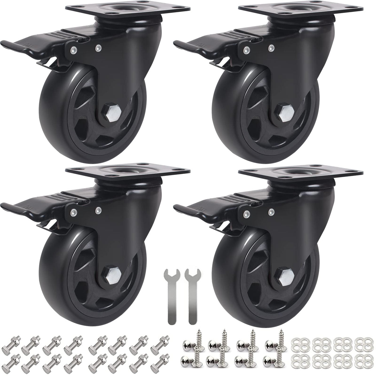 4 Inch Swivel Plate Caster Wheels, All Black Heavy Duty Casters Set of ...