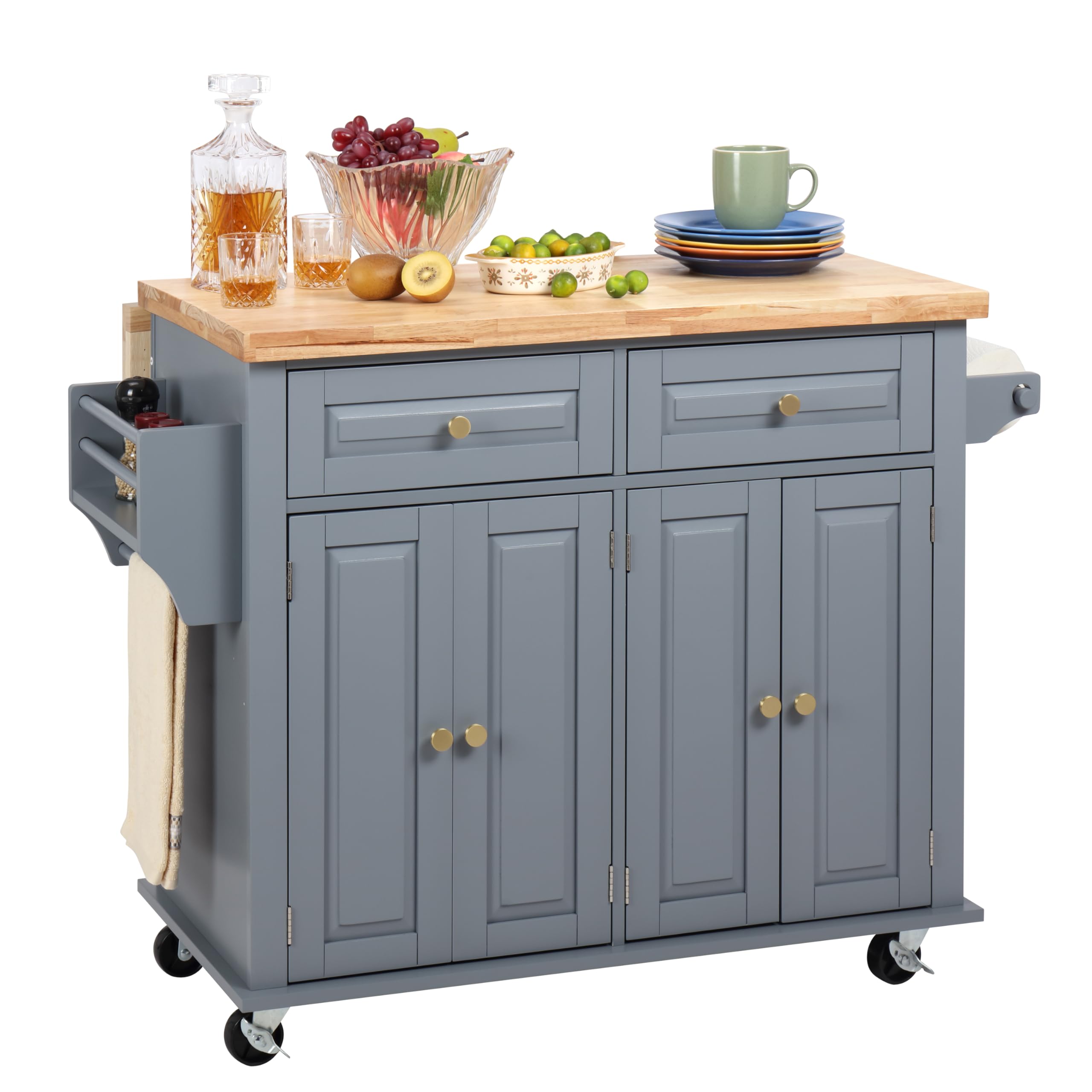Finnhomy Rolling Kitchen Island With Drop Leaf, Thicken Rubberwood Top ...