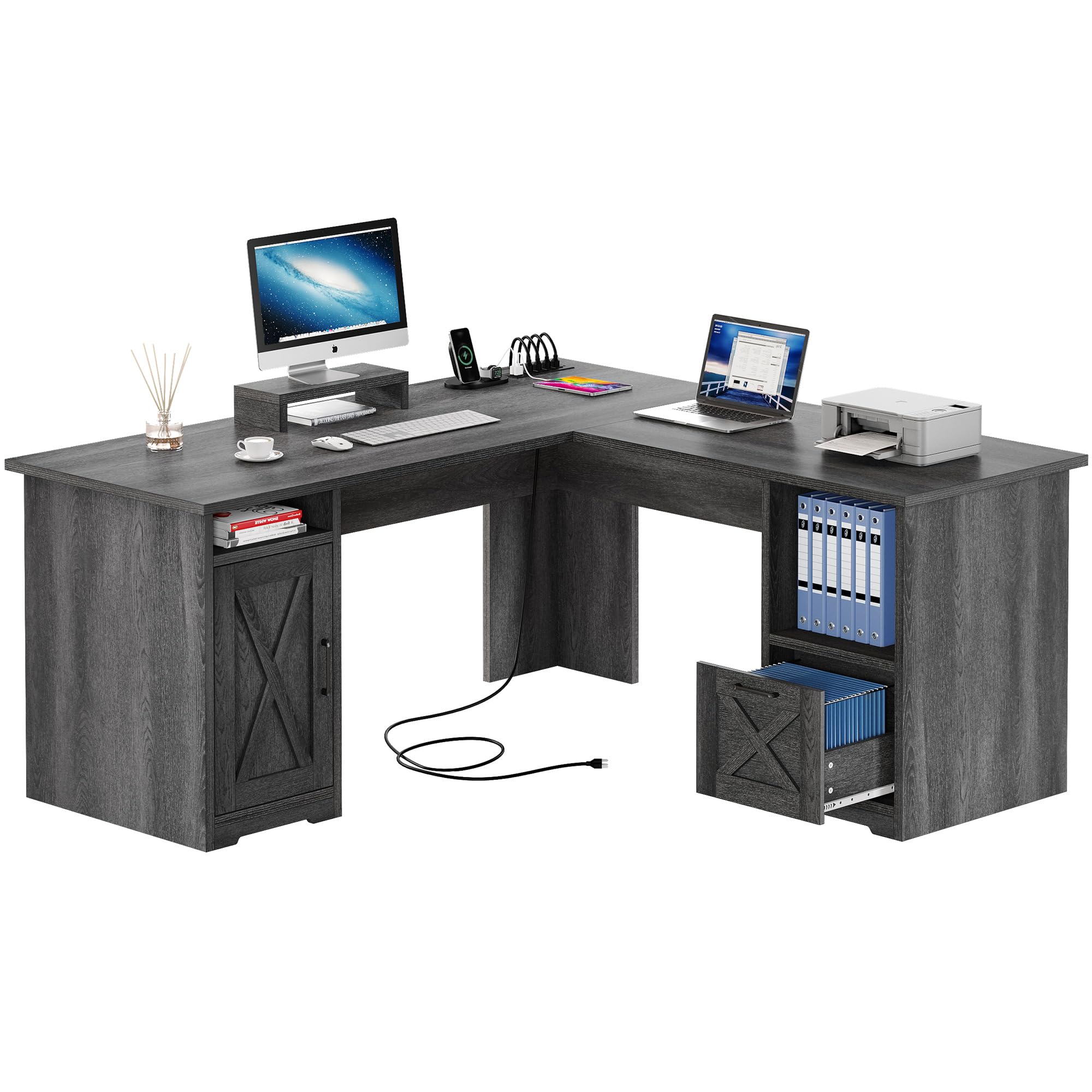 YITAHOME L Shaped Desk with Power Outlets, 60 Inch Computer Desk Corner ...