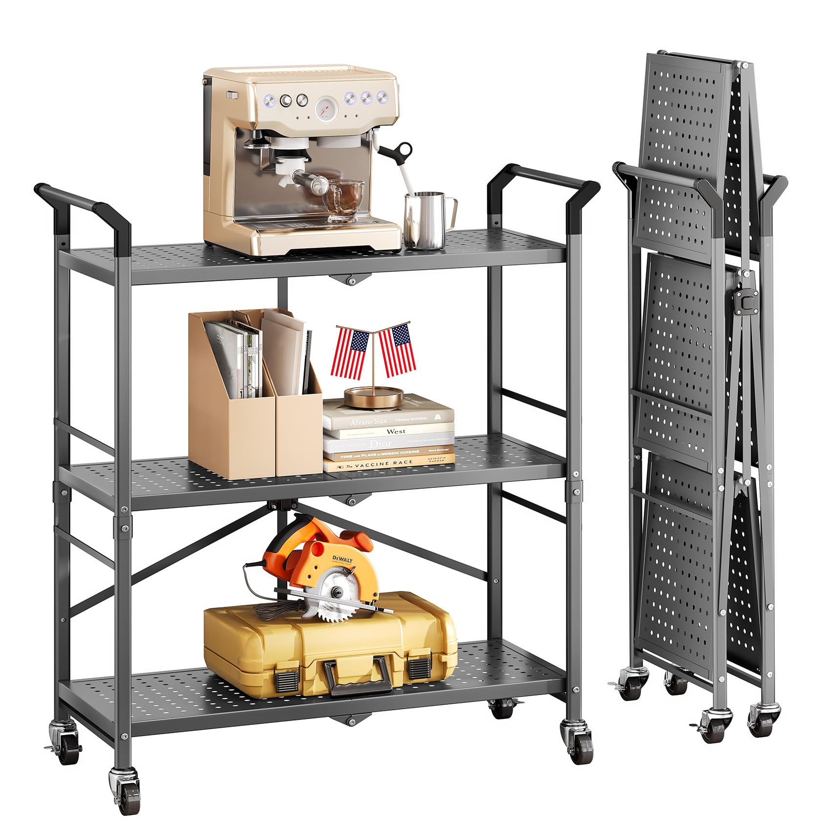HKWOTINHA Folding Rolling Cart with Wheels - 3 Tier Collapsible Utility ...