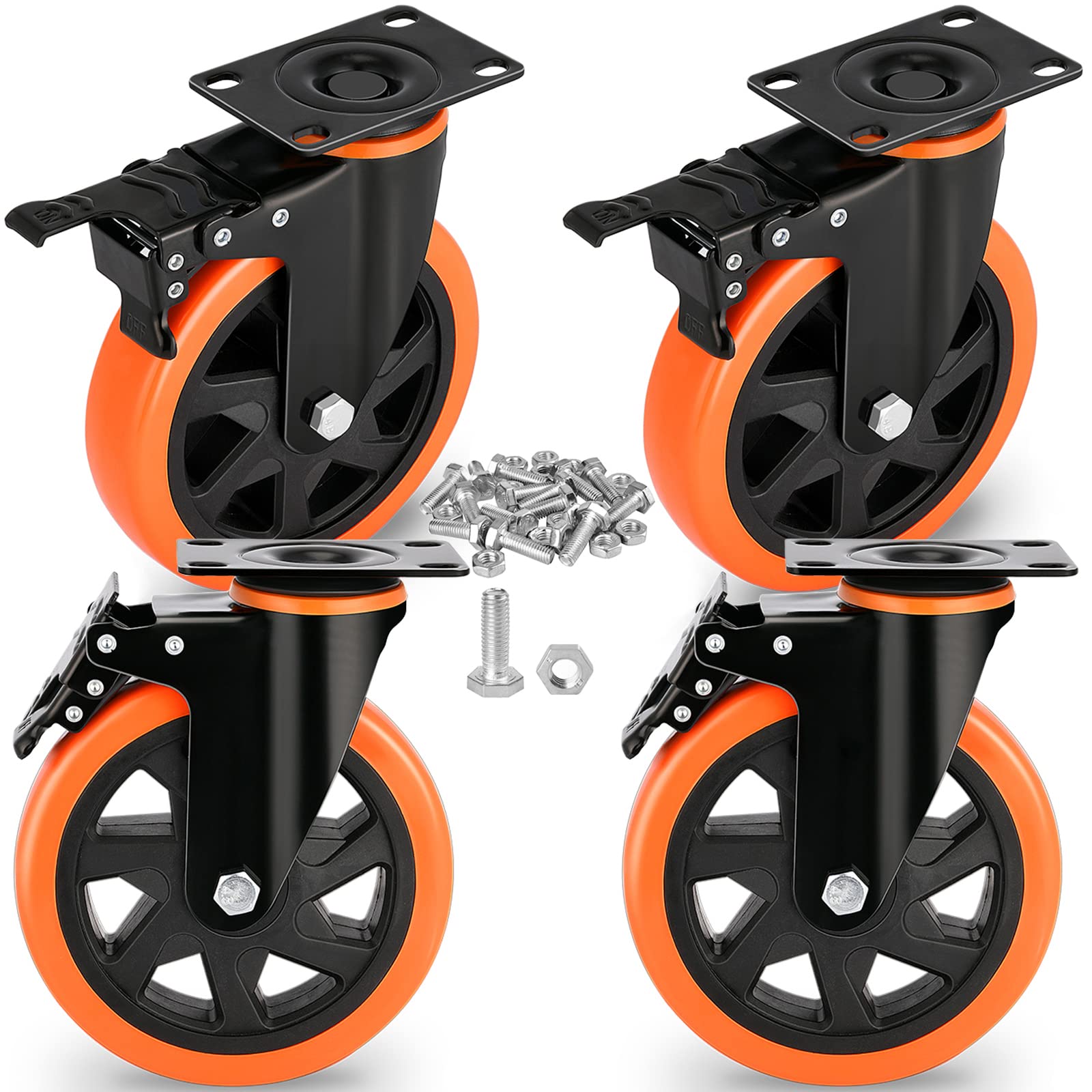 6 Inch Heavy Duty Caster Wheels Load 3000 Lbs with Brake Safety Dual ...