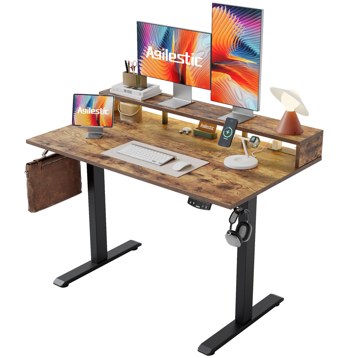 Electric Height Adjustable Standing Desk with Power Outlet and LED Lig ...