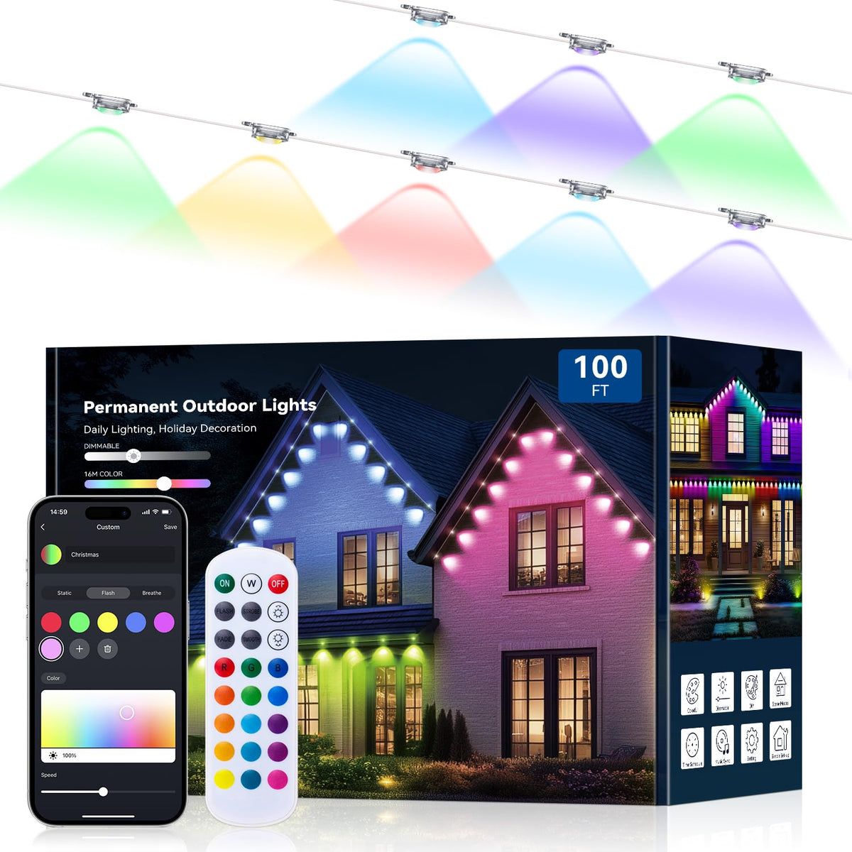 100FT Permanent Outdoor Lights -RGB Eaves Lights with App Control Remo ...
