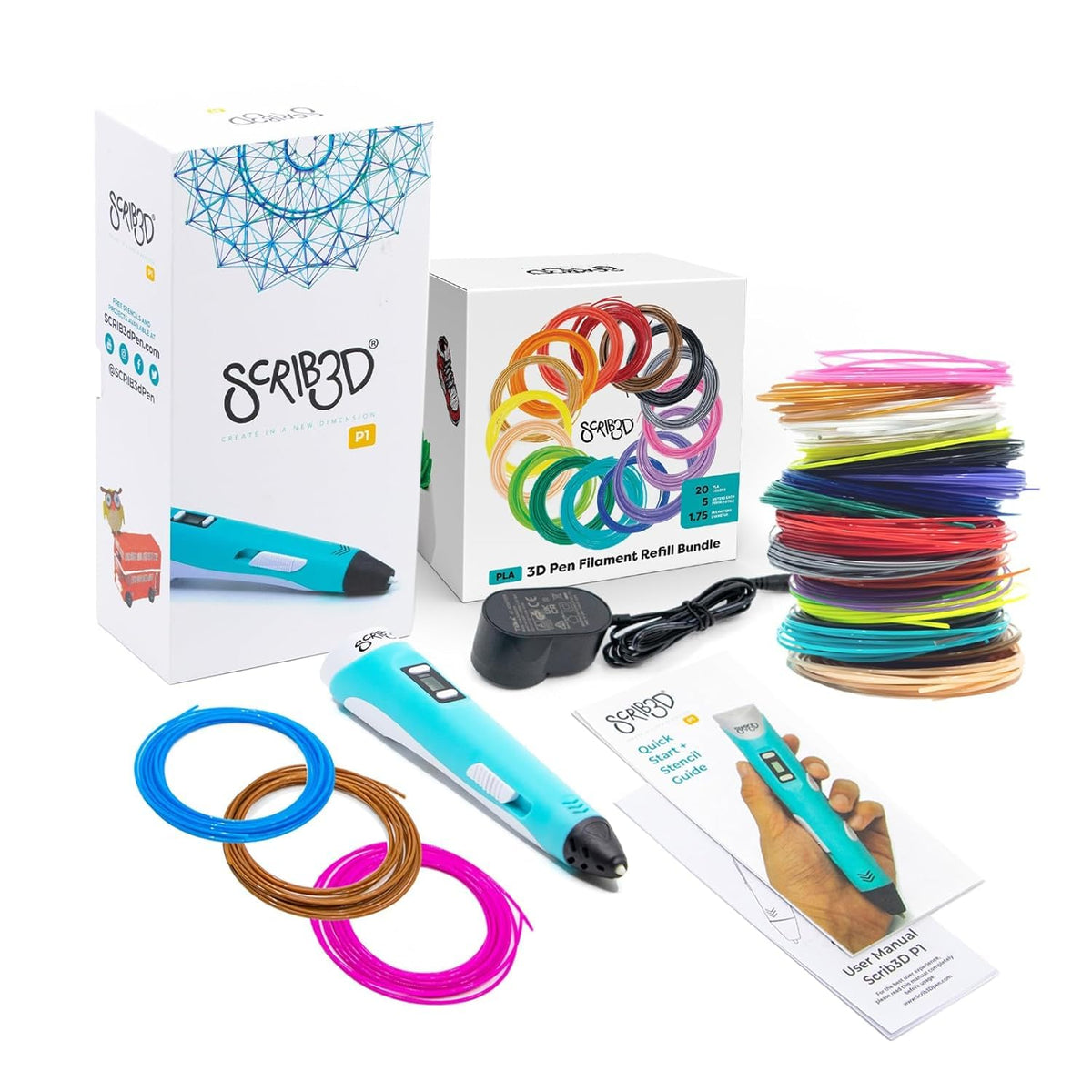 SCRIB3D P1 3D Printing Pen with 3 Starter Colors and PLA Refill Pack w ...