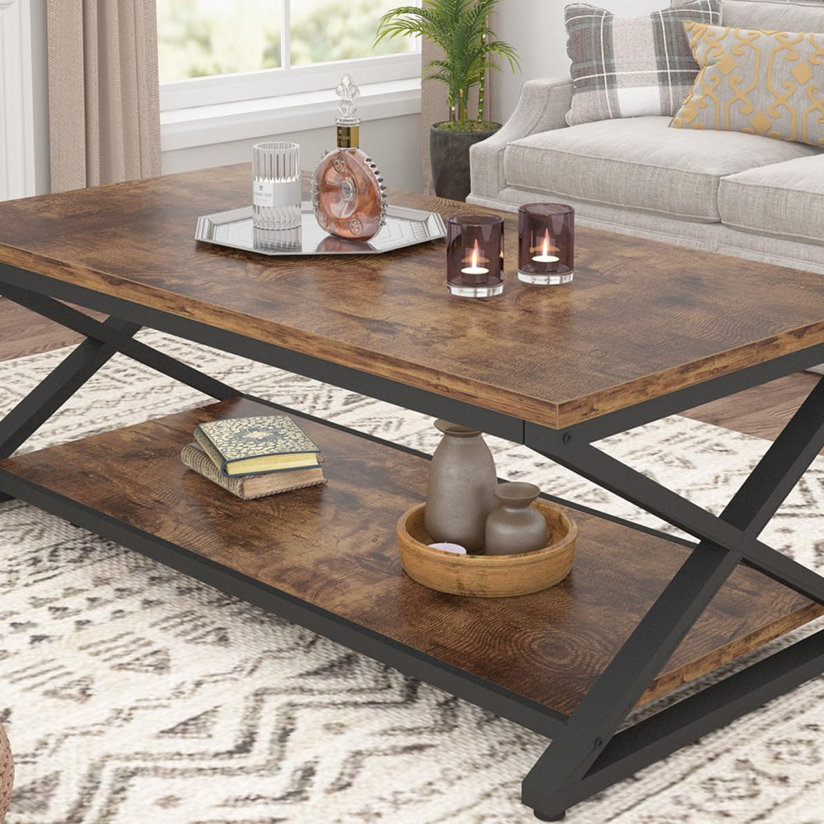 HSH Rustic Coffee Table with Storage Shelf, Industrial Metal Wood Livi ...