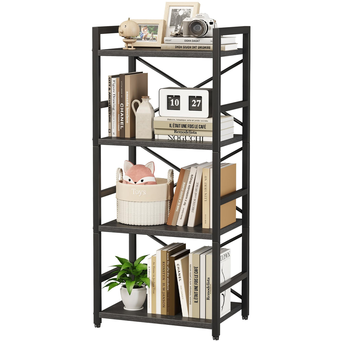 Homeiju Black Bookshelf, 4 Tier Small Bookcase, Black Metal Small Book ...