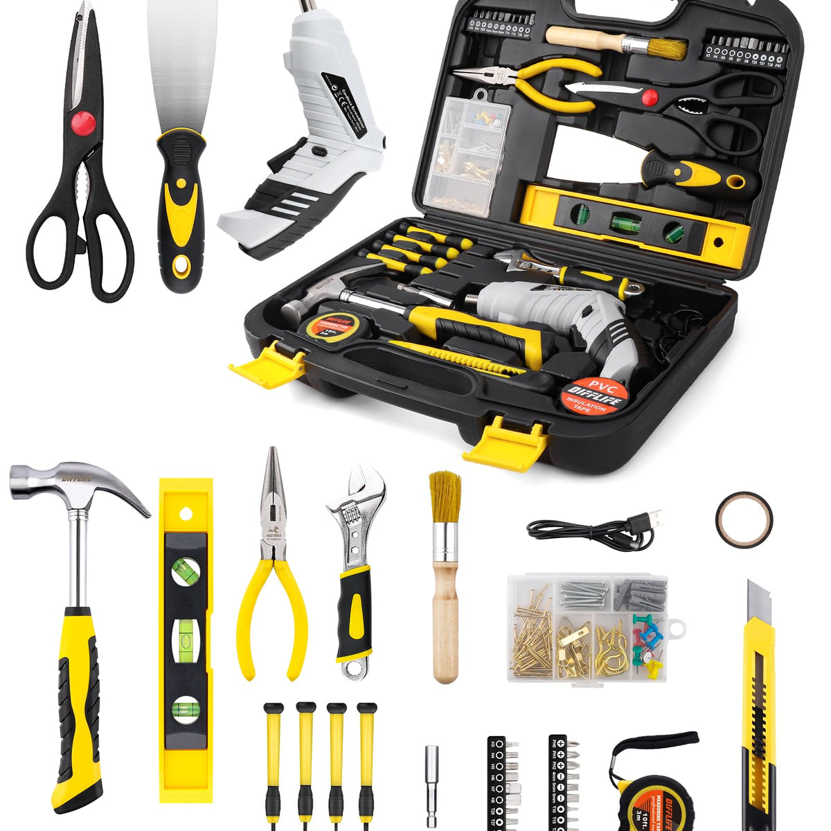 DIFFLIFE 136 Piece Tool Set,General Household Hand Tool Kit with Plast ...