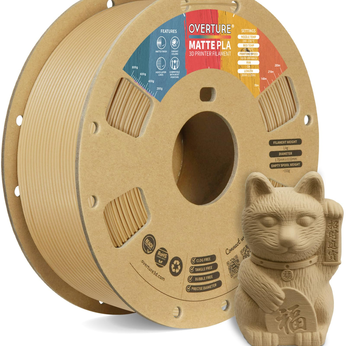 OVERTURE PLA Matte 3D Printer Filament 1.75mm, Matte PLA 1kg Cardboard ...