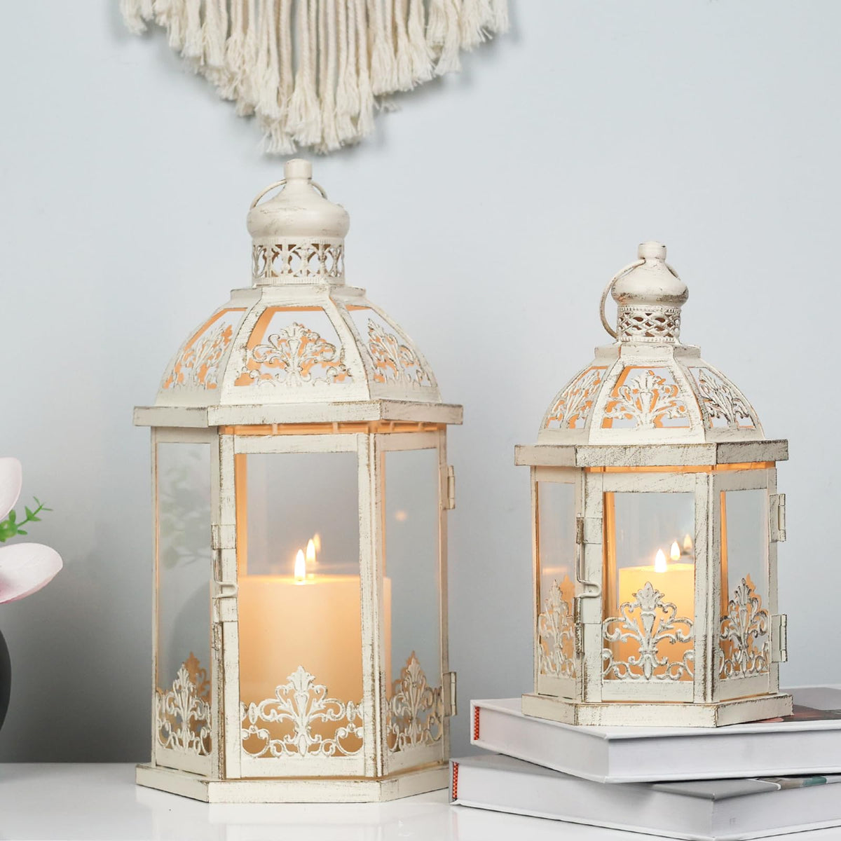 Lanterns Decorative Outdoor&Indoor, Set of 2 (15"&11") Beige Metal Lan ...