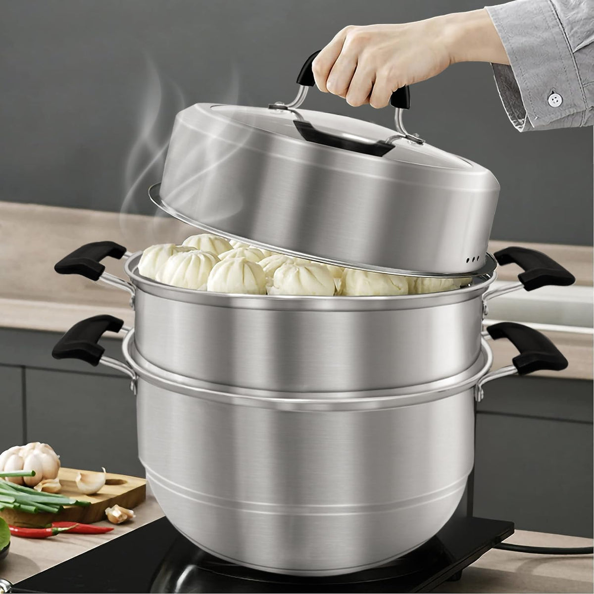 MANO Steamer Pot for Cooking 11.8 inch Steam Pots with Lid 2-tier Stai ...