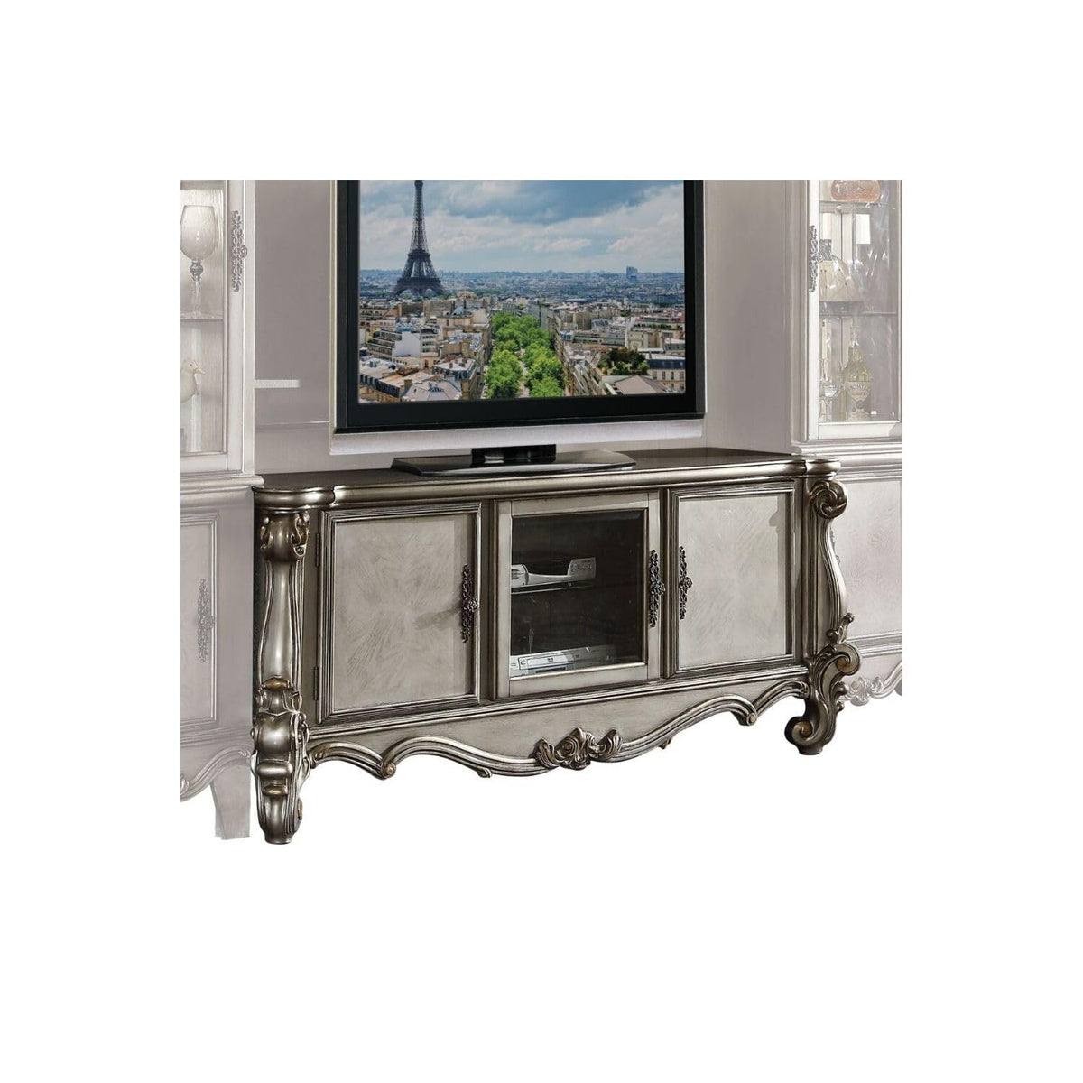 Acme Versailles 3-Door Wooden TV Console in Antique Platinum and Gray ...