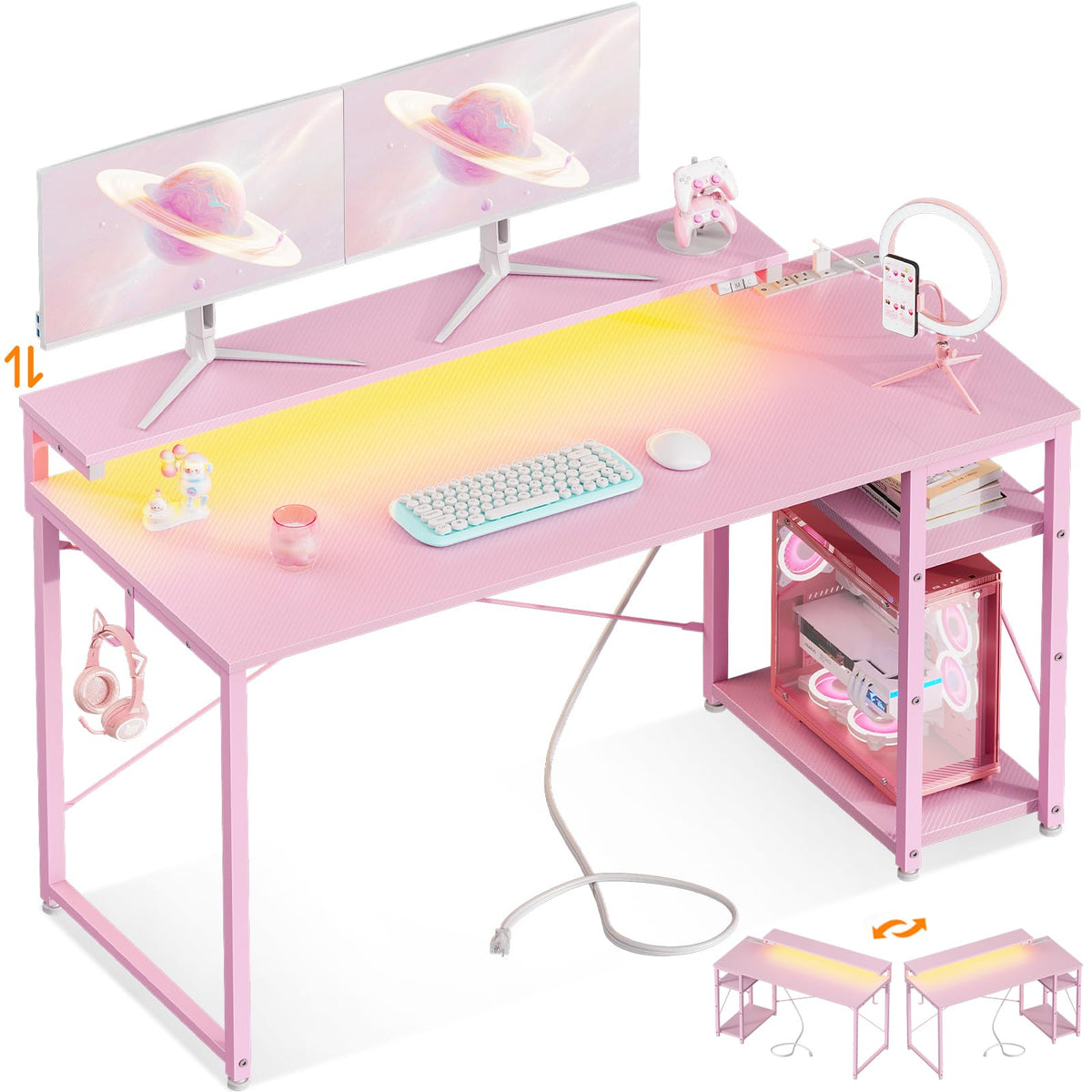 MOTPK Pink Gaming Desk with Led Lights & Power Outlet, 47 Inch Gaming ...
