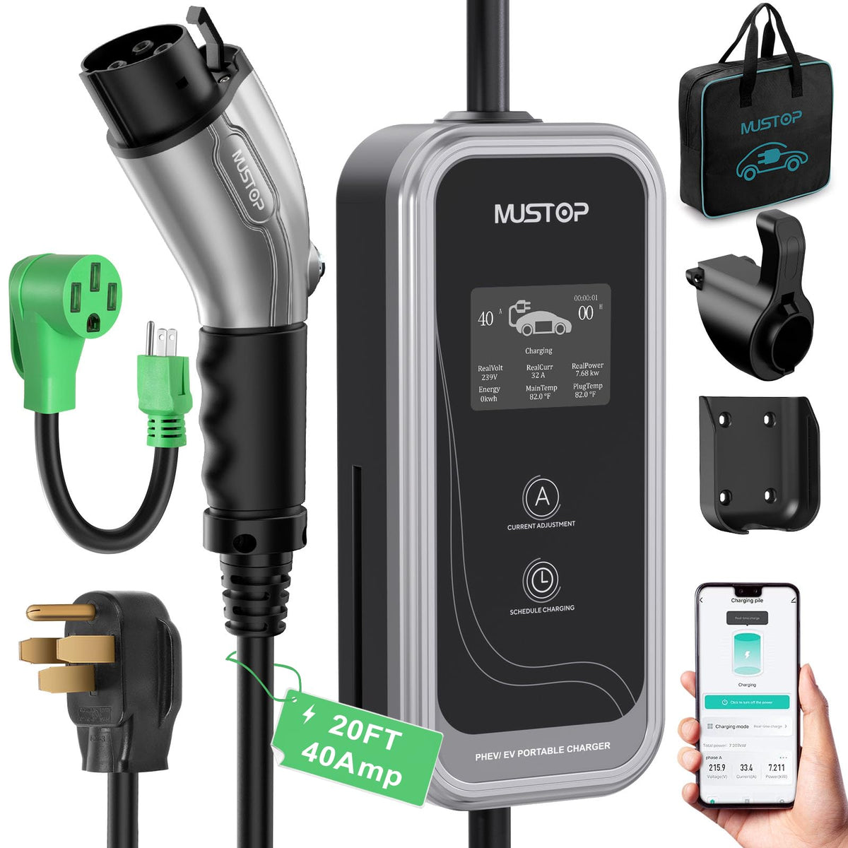 Mustop Level 1 & 2 EV Charger J1772 (40 Amp, 240 Volt, 20ft Cable),ETL ...
