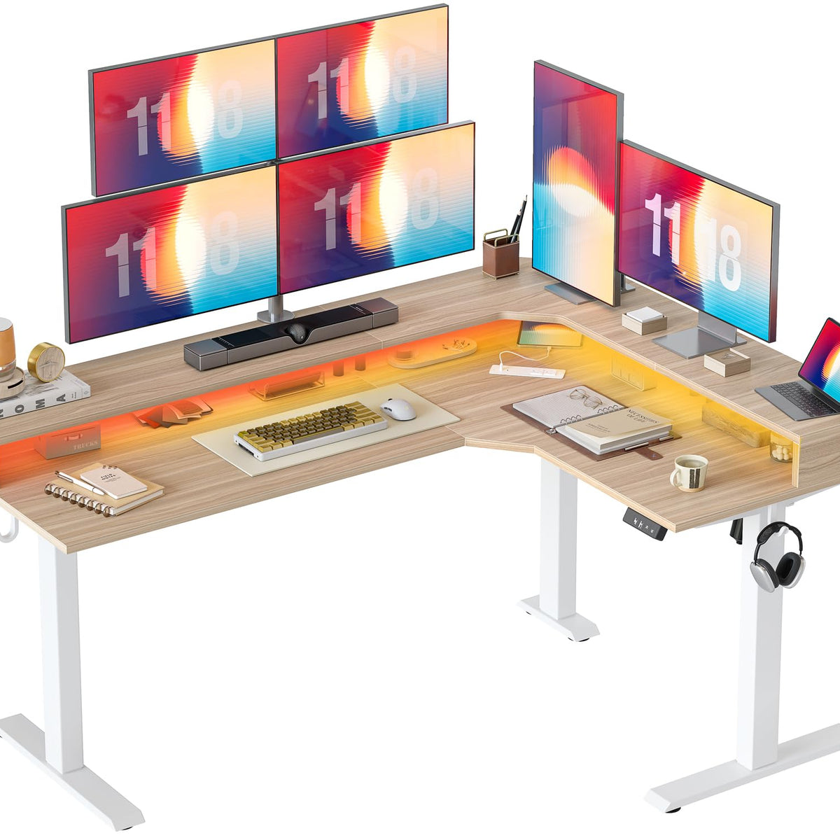 TIQLAB 63'' L-Shaped Standing Desk with LED Light Strip and Power Outl ...