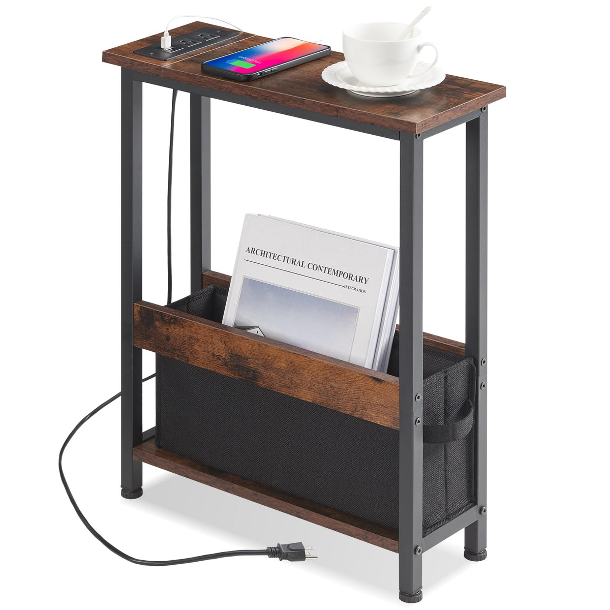 Slim Charging End Table with Storage - For Small Spaces and Bedroom ...