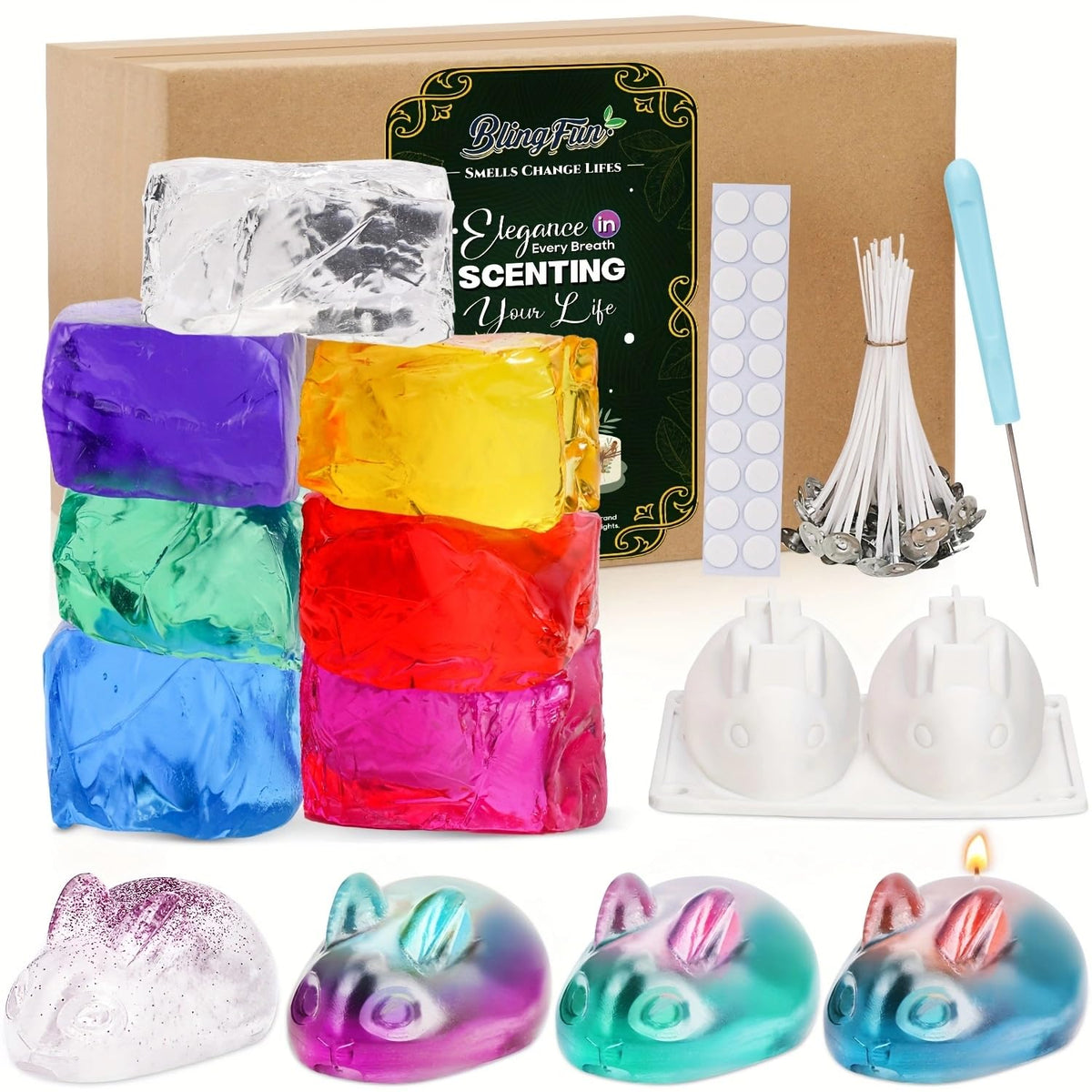 Blingfun Gel Wax Candle Making Kit with 7 Colors Jelly Wax, Rabbit Mol ...
