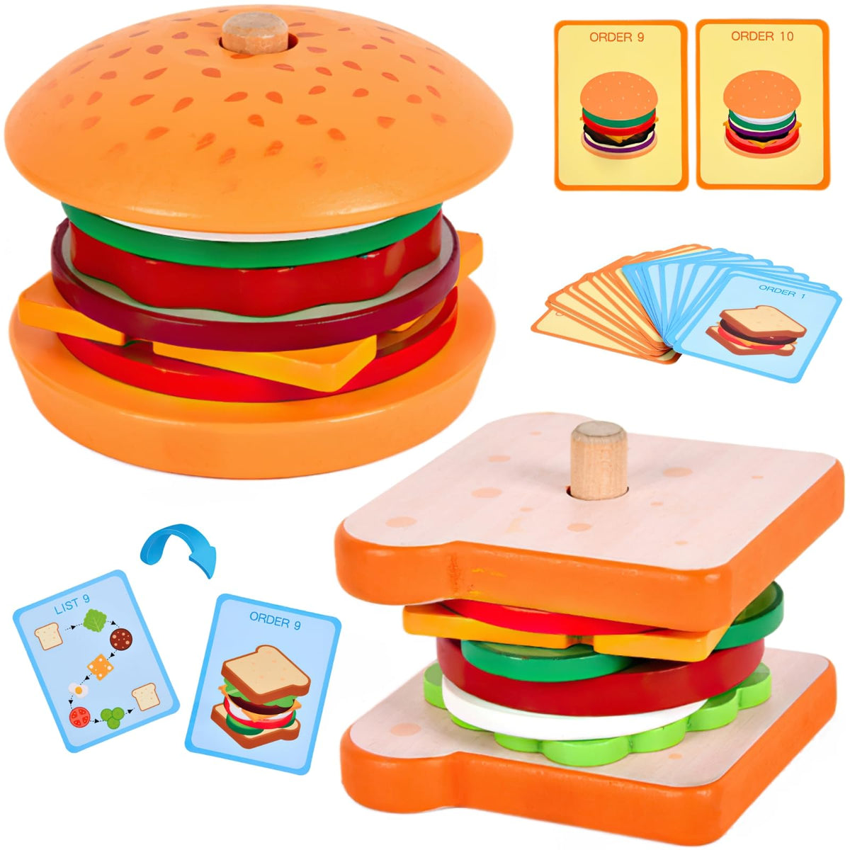 Wooden Burger Sandwich Stacking Toys for Kids, Play Food Toy for Toddl ...