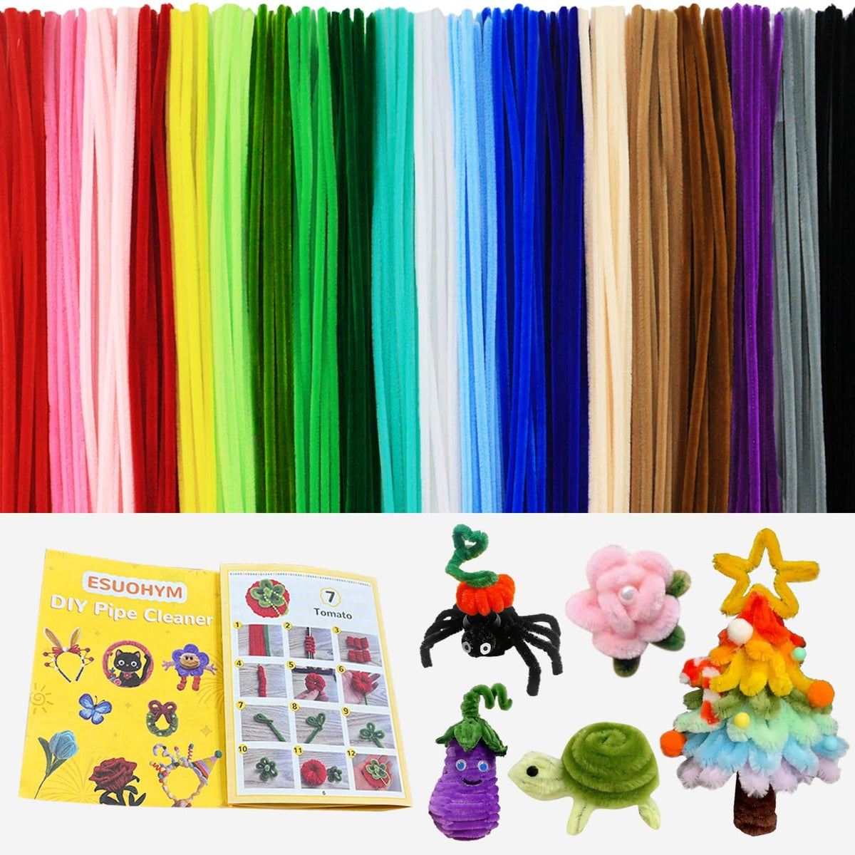 ESUOHYM 200PCS Pipe Cleaners with Instruction Manual 20 Colors Chenill ...