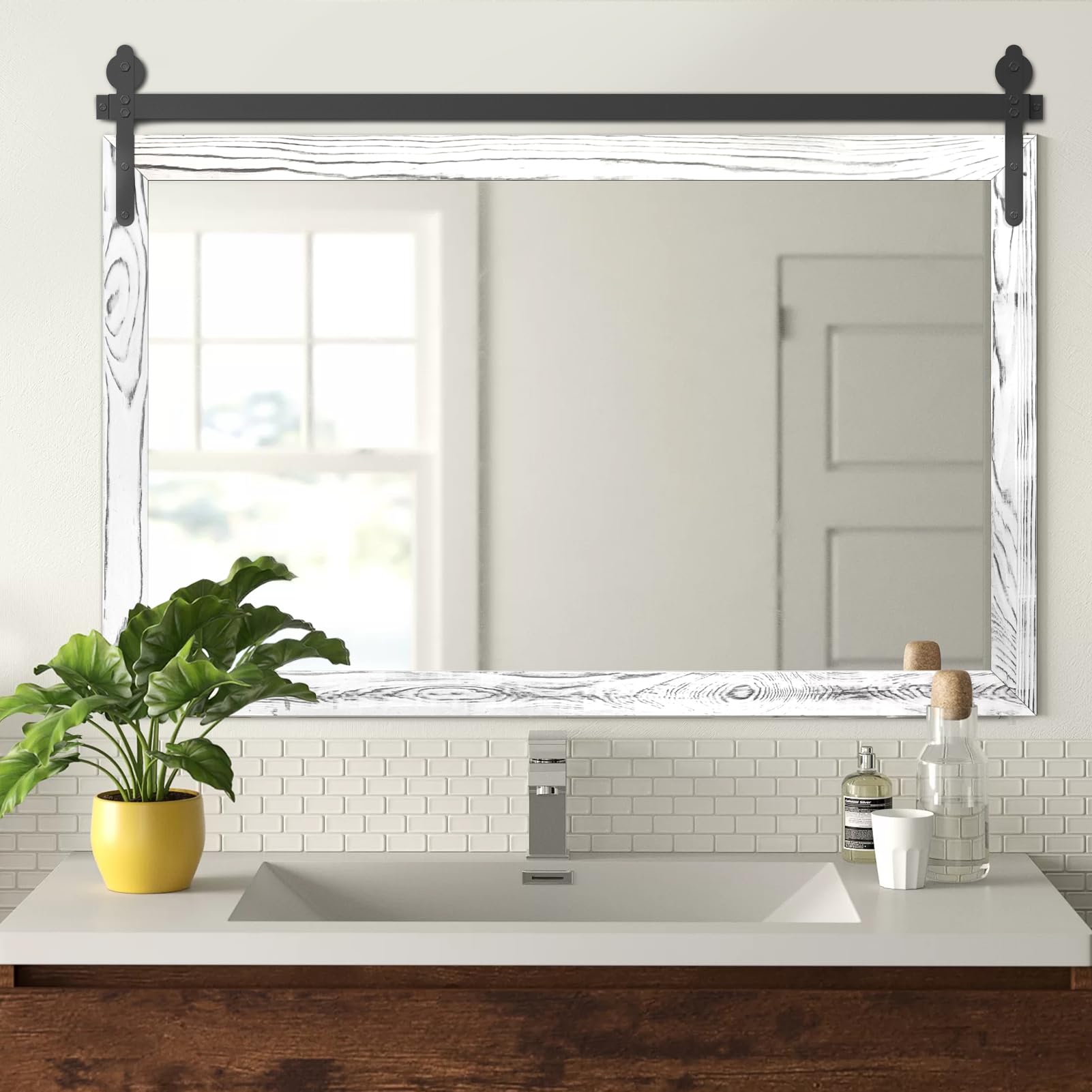 YOSHOOT Farmhouse Barn Door Wall Mirror, 48"x30" Rustic Wood Framed ...