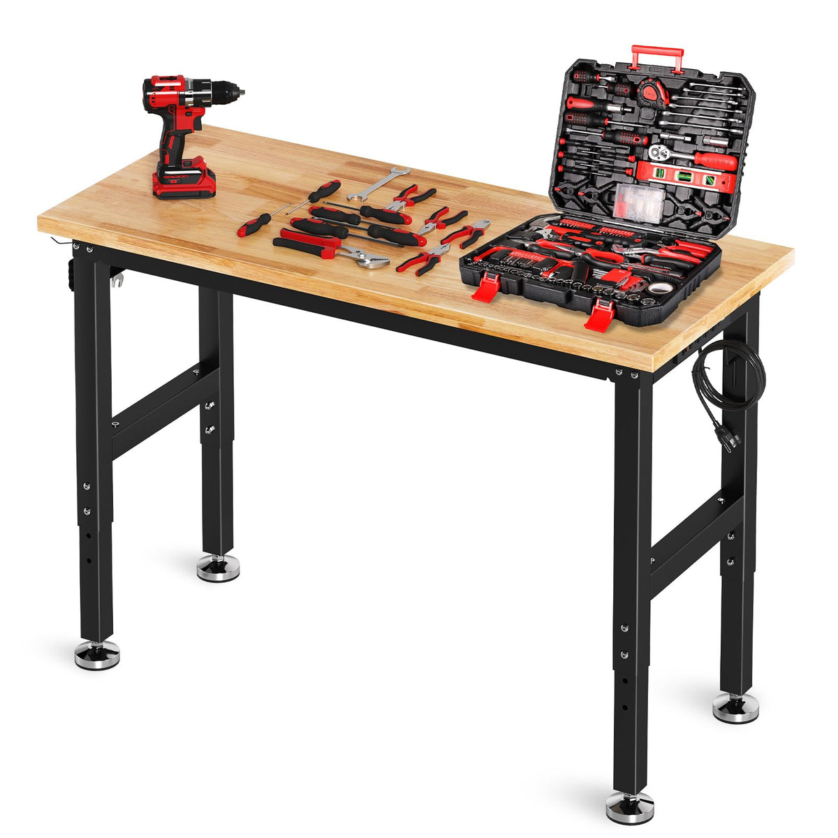 TLGREEN 48" Adjustable Work Bench with Power Outlet, Rubber Wood Top W ...