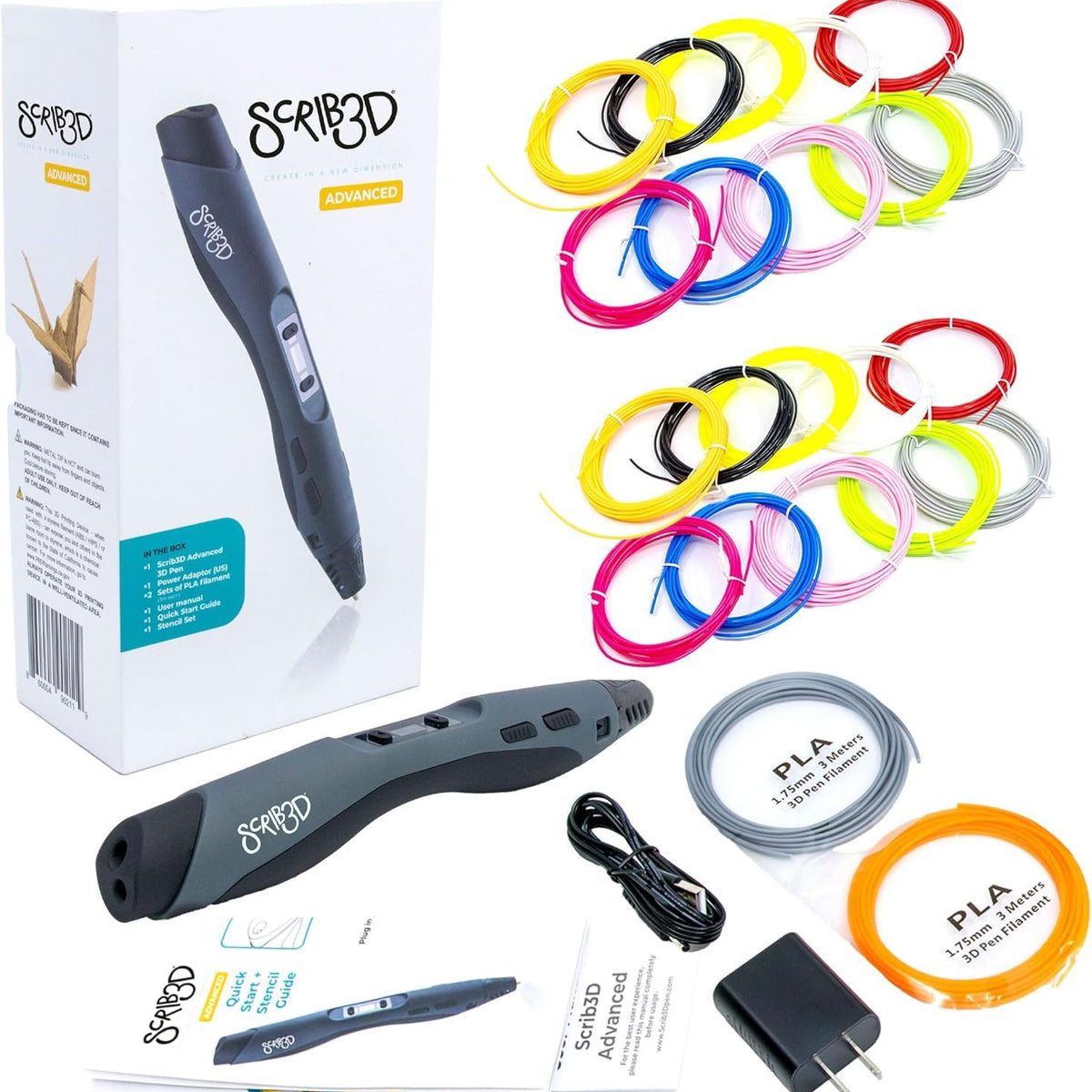 SCRIB3D Advanced 3D Printing Pen with 2 Starter Colors and PLA Refill ...