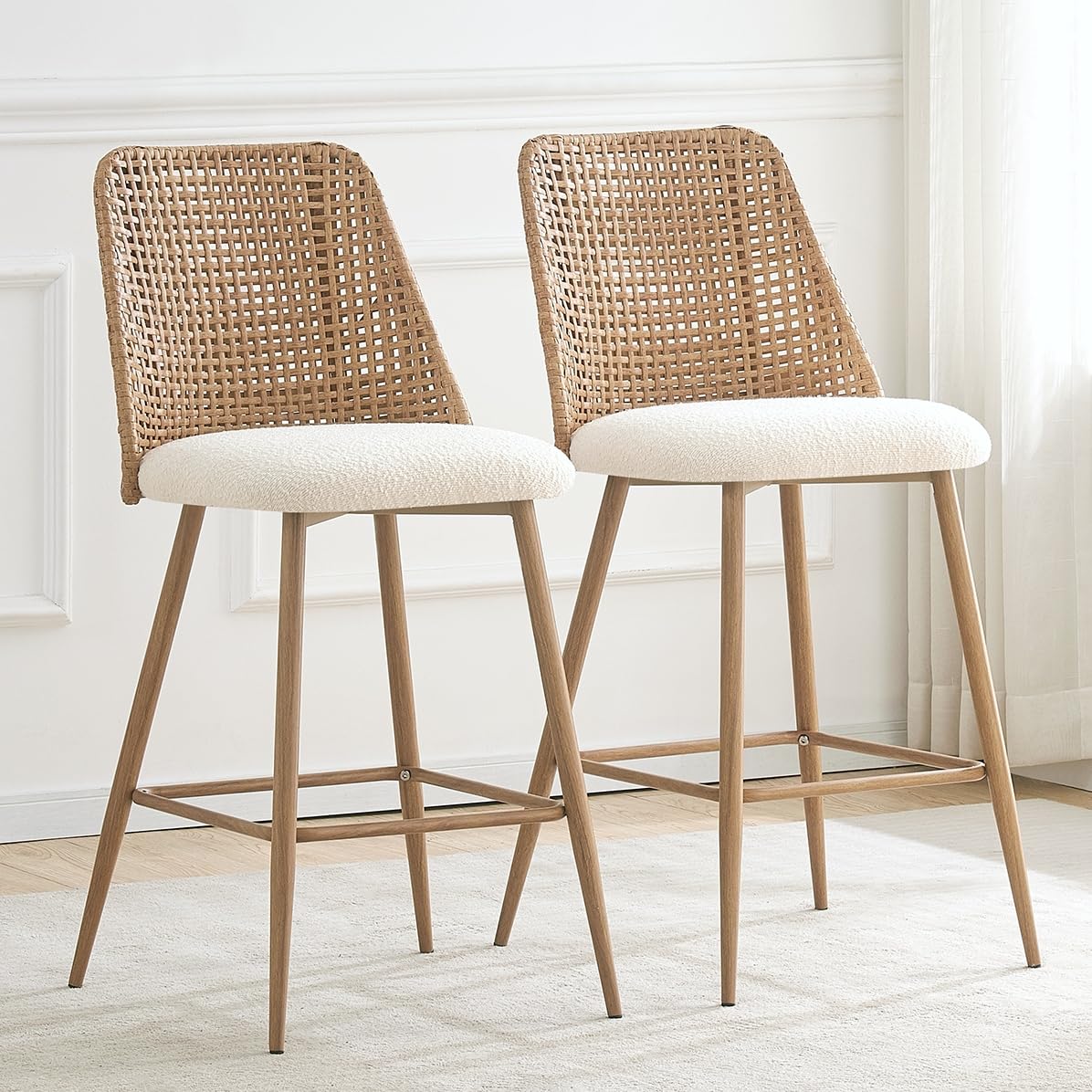 JALOURT Rattan Bar Stools Set of 2, 26 Inches Height Wicker Bar,PE Rat ...