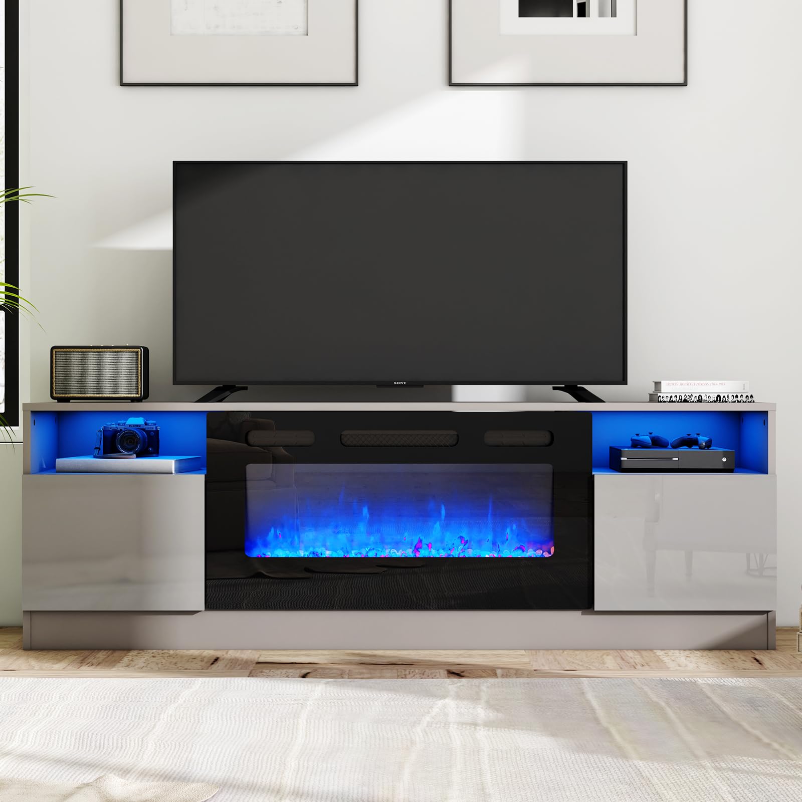 AMERLIFE TV Stand with Fireplace, LED Light Entertainment Center with ...