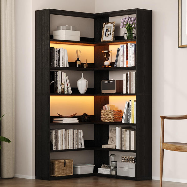 4 EVER WINNER Corner Book Shelf with LED Lights, 71” High Coner Booksh ...