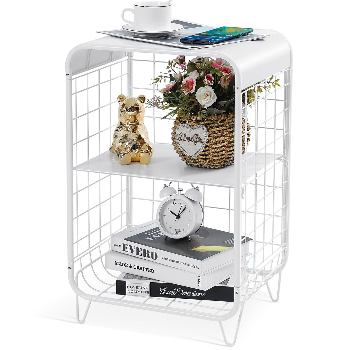 APEXCHASER Cute Nightstand,Metal Side Table,3 Tier End Table with Stor ...