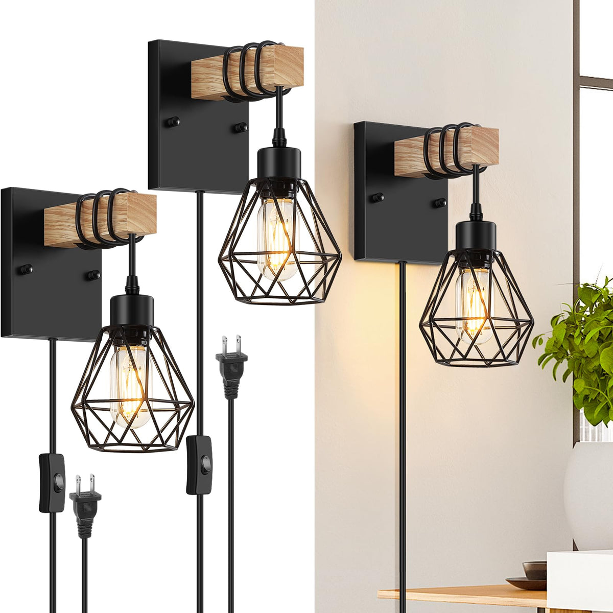 Lomoky Plug in Wall Sconces Set of Two, Vintage Wood Wall Lamps with P ...