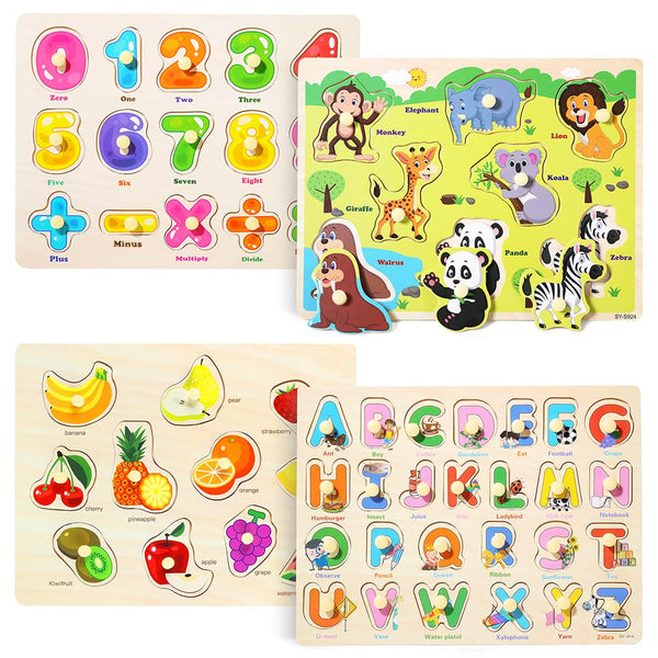 GRINNNIE Wooden Peg Puzzle for Toddlers 2 3 4 Years Old, 4 PCS Montess ...