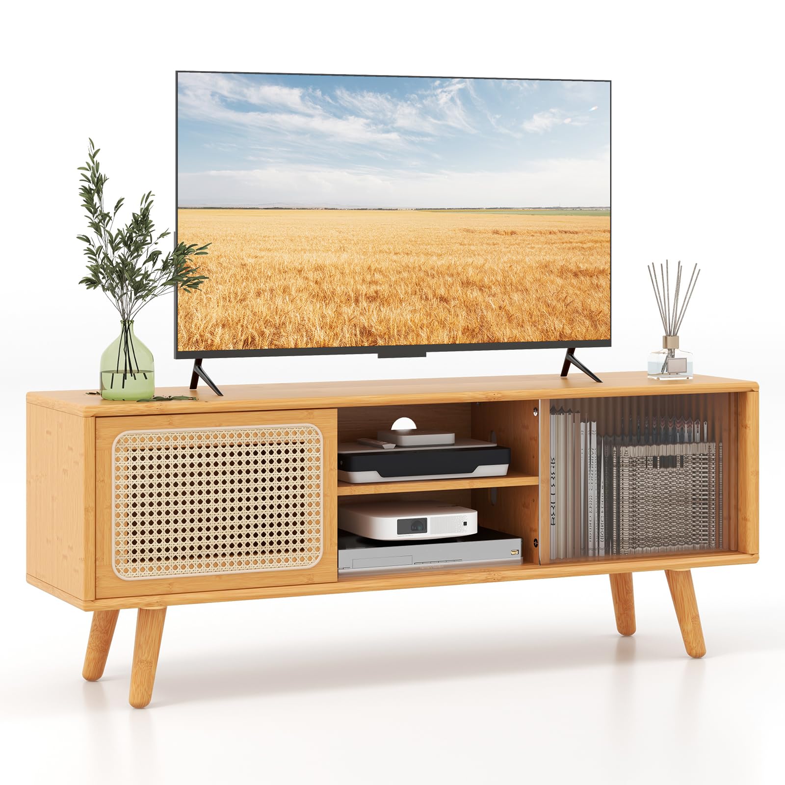 Giantex TV Stand for Living Room TVs up to 55”- Bamboo Entertainment ...