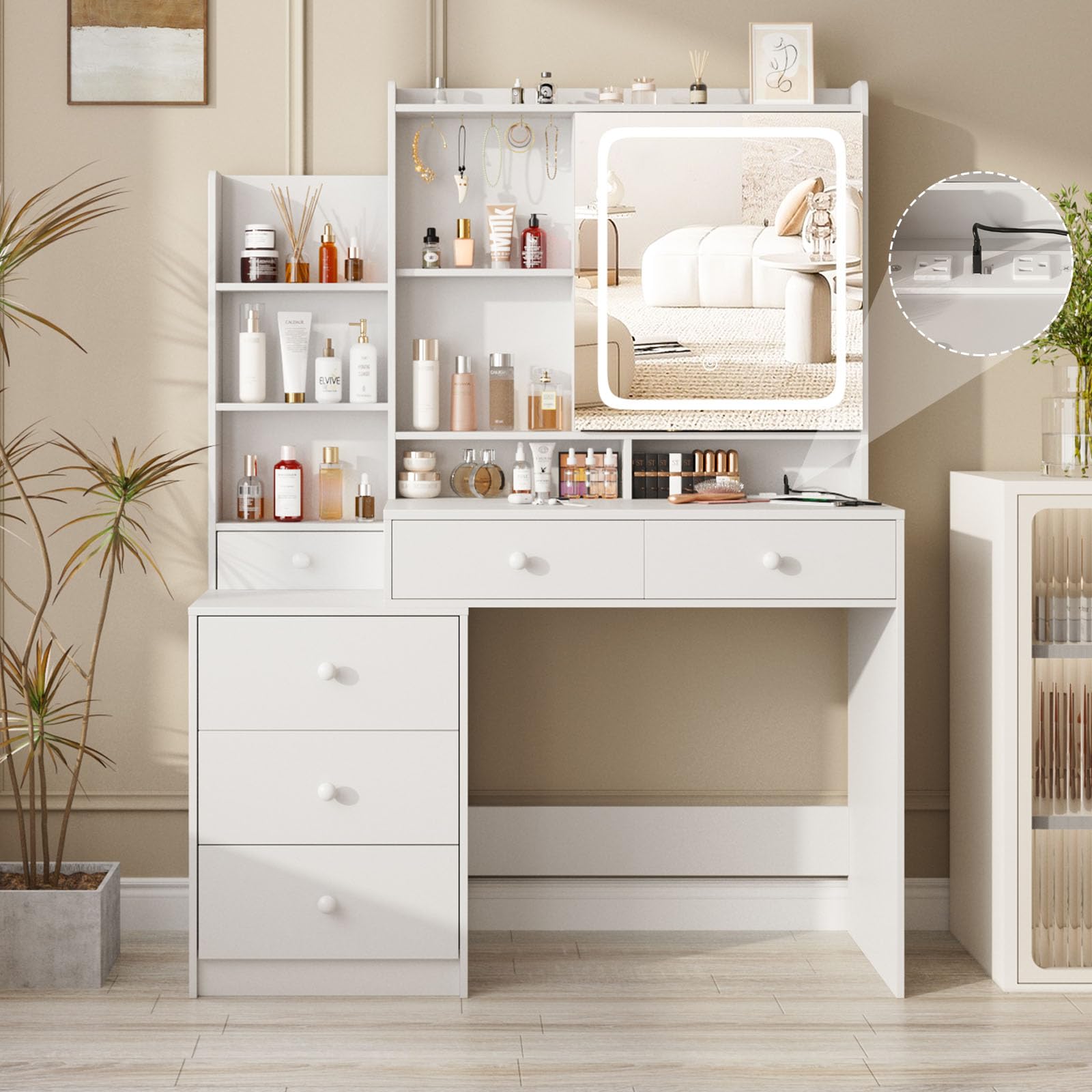 Halitaa White Makeup Vanity with Led Mirror and Power Strip,Vanity Desk ...