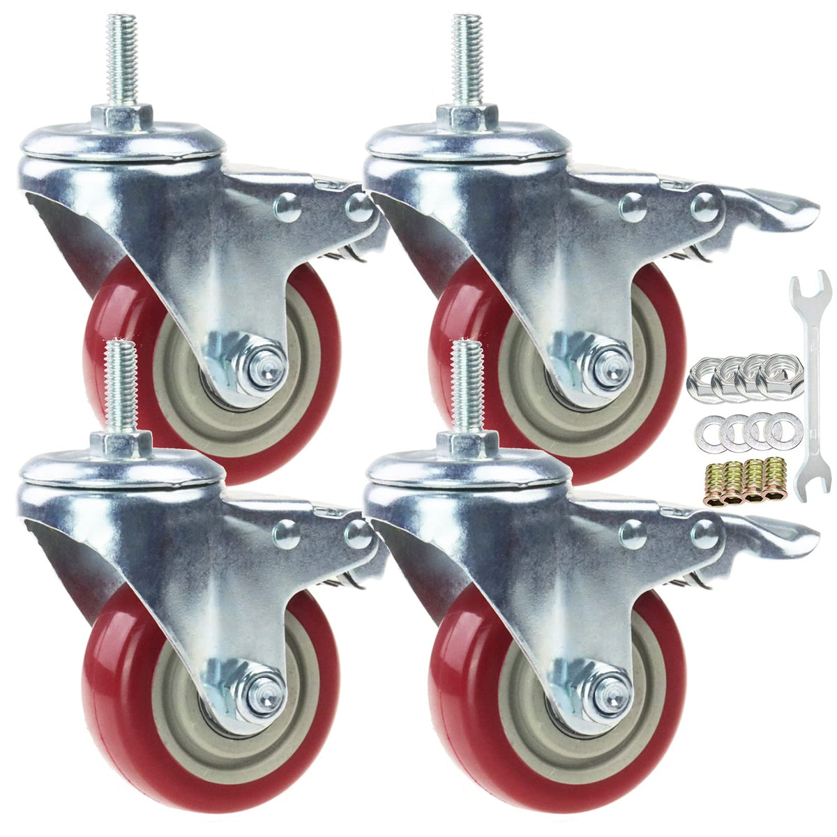 Swivel Stem Casters, Heavy Duty Double-Locking Castors with Red PU Whe ...