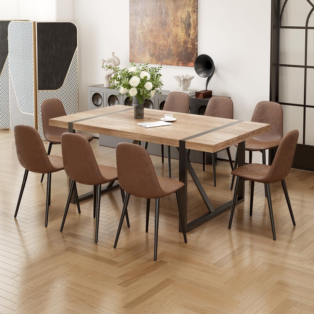 MUUOKY 9 Piece Dining Table Set,Modern 71'' Rectangle Wood Kitchen Tab ...