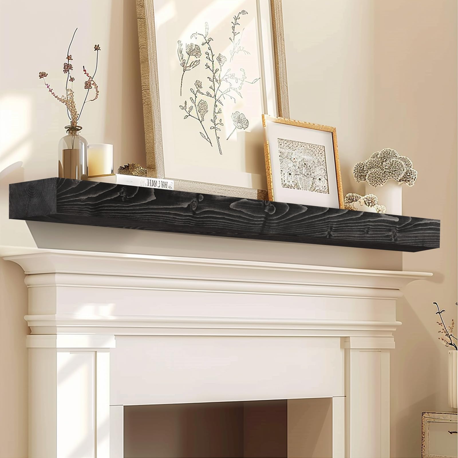 YLYHSST 60" Fireplace Mantel, 3'' Thick Handmade Rustic Solid Wood ...