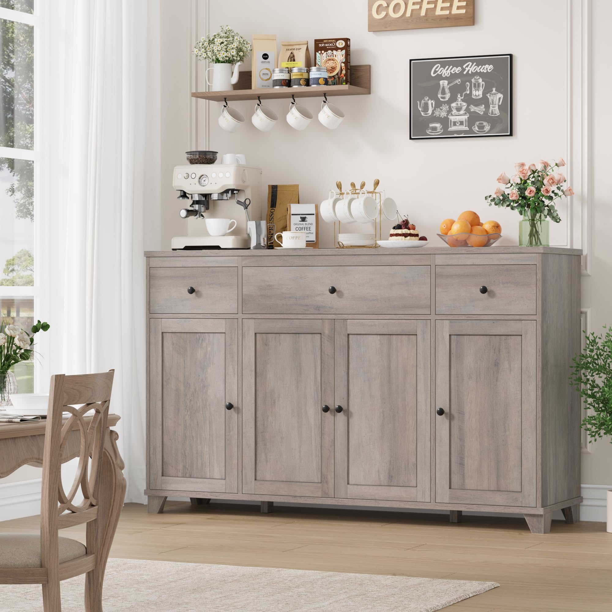 HIFIT 55" Large Kitchen Buffet Cabinet with Storage Drawers, Farmhouse ...