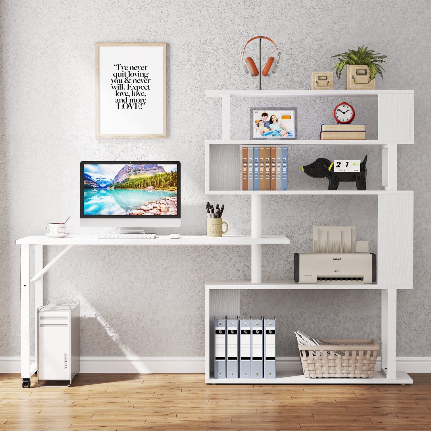 Tribesigns Rotating Computer Desk with 5 Shelves Bookshelf, Modern L-S ...