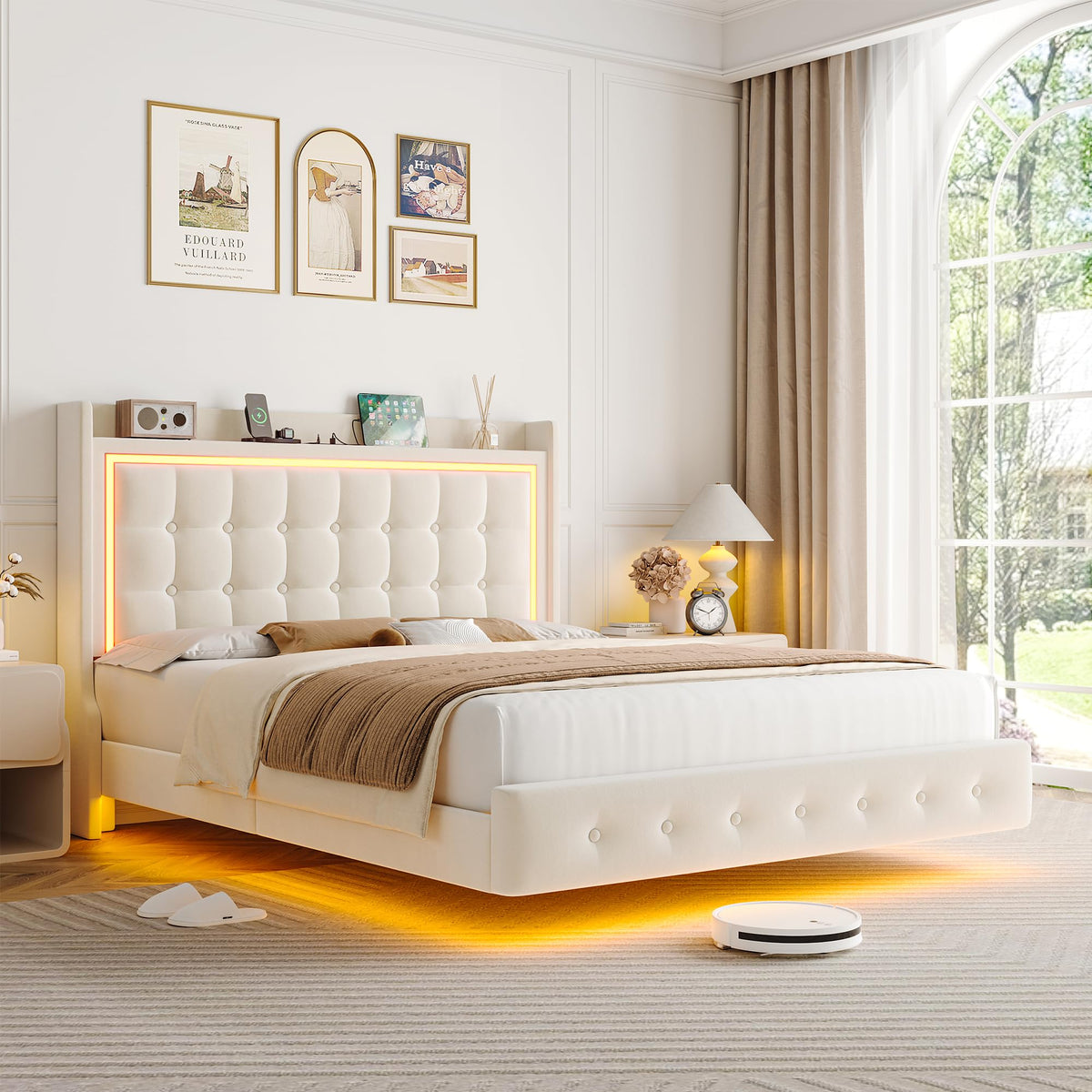 Keyluv Upholstered Queen Floating Bed Frame with RGB LED Lights and Ch ...