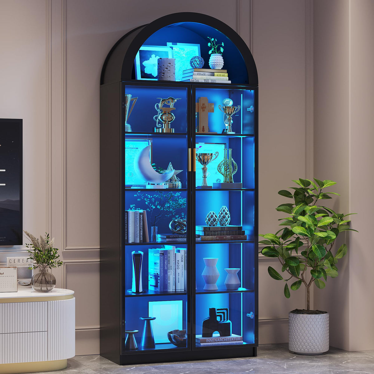 FREDEES Arch Display Cabinet with Doors, 76" Tall Display Case with Ad ...