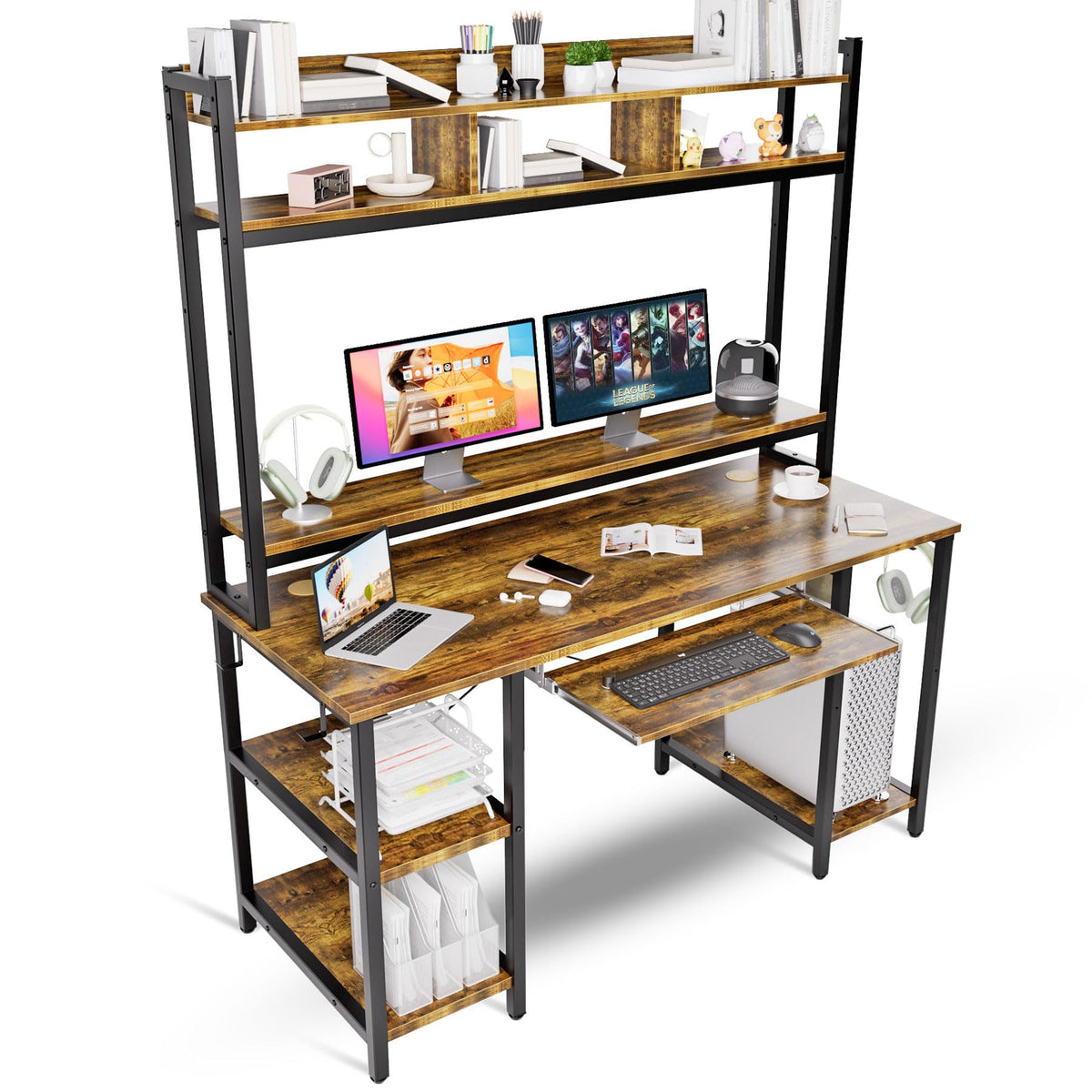 HYPIGO Rustic Brown Heavy Duty Computer Desk with Hutch and Keyboard T ...