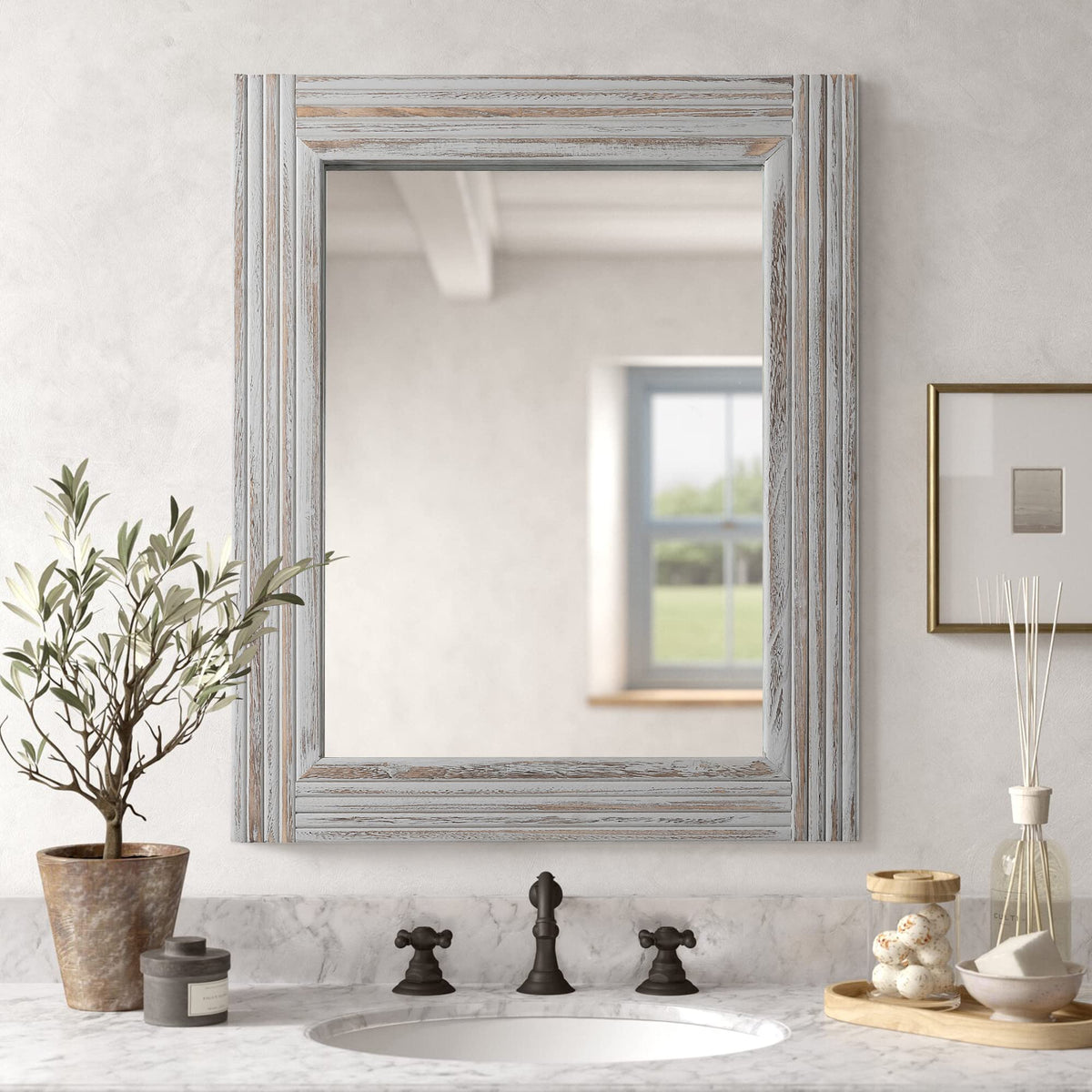 YOSHOOT Hand-Made Wooden Spliced Wall Mirror for Bathroom, Rustic Farm ...