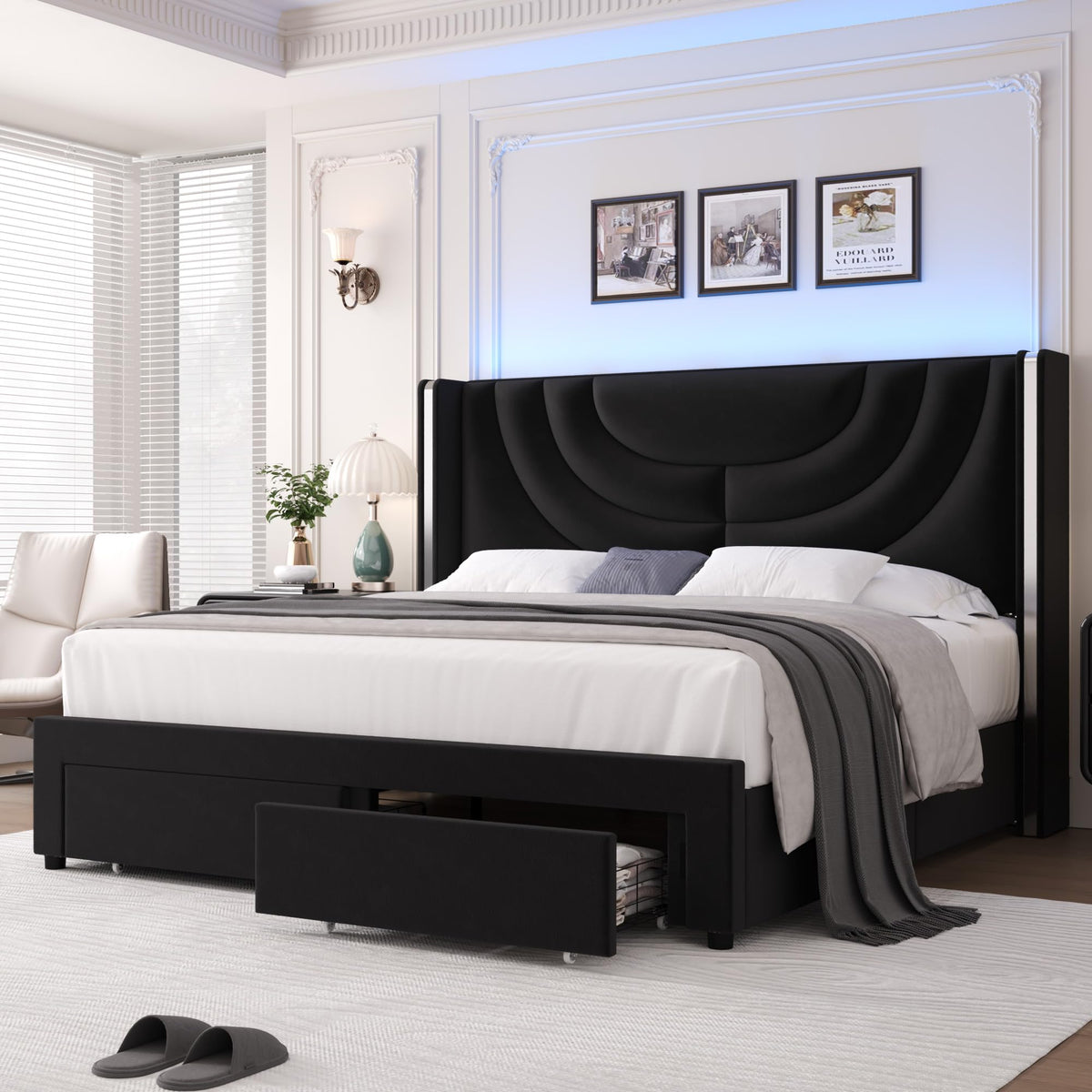 HITHOS Black Upholstered LED Bed Frame with Storage Drawers and Wingba ...