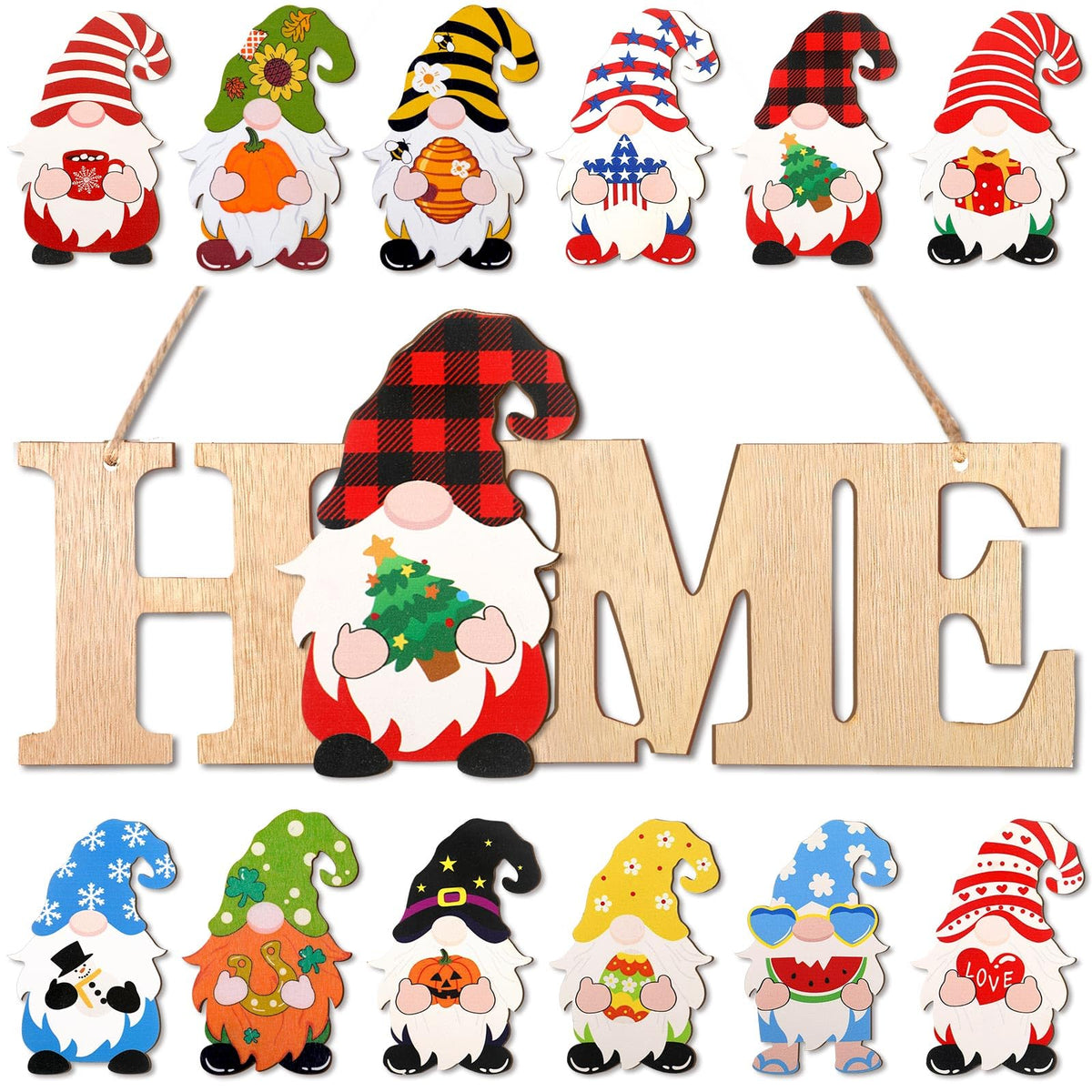 Yookeer 13 Pcs Interchangeable Gnome Home Sign Wood 3D Christmas Winte ...
