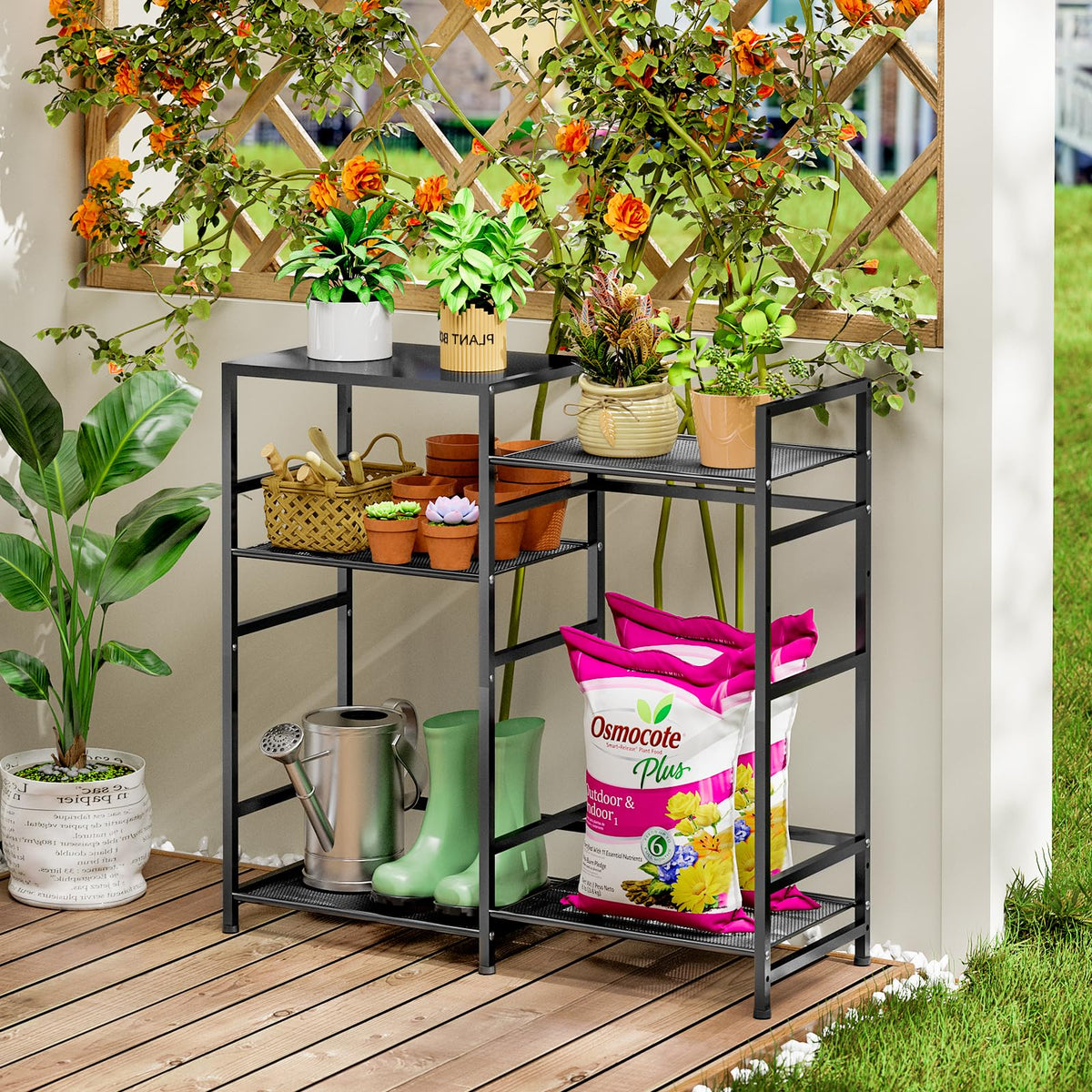 ThreeHio Potting Bench Table, Outdoor Plant Stand Table with Storage ...